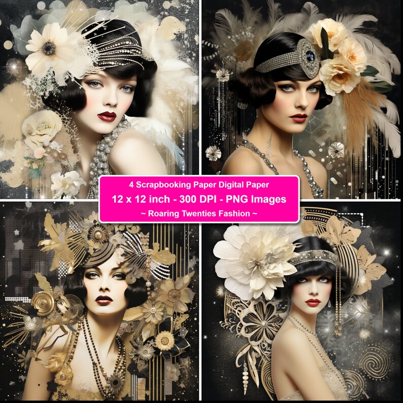 Vintage Flapper Style Digital Paper Pack Roaring Twenties Themed Patterns for Scrapbooking for ...