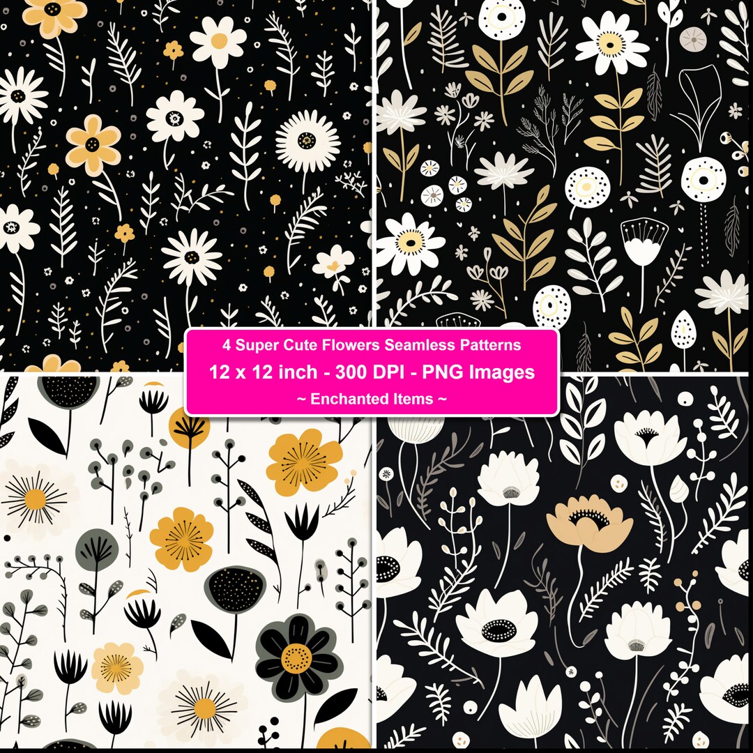 Enchanting Black and White Super Cute Flowers Seamless Pattern Design ...
