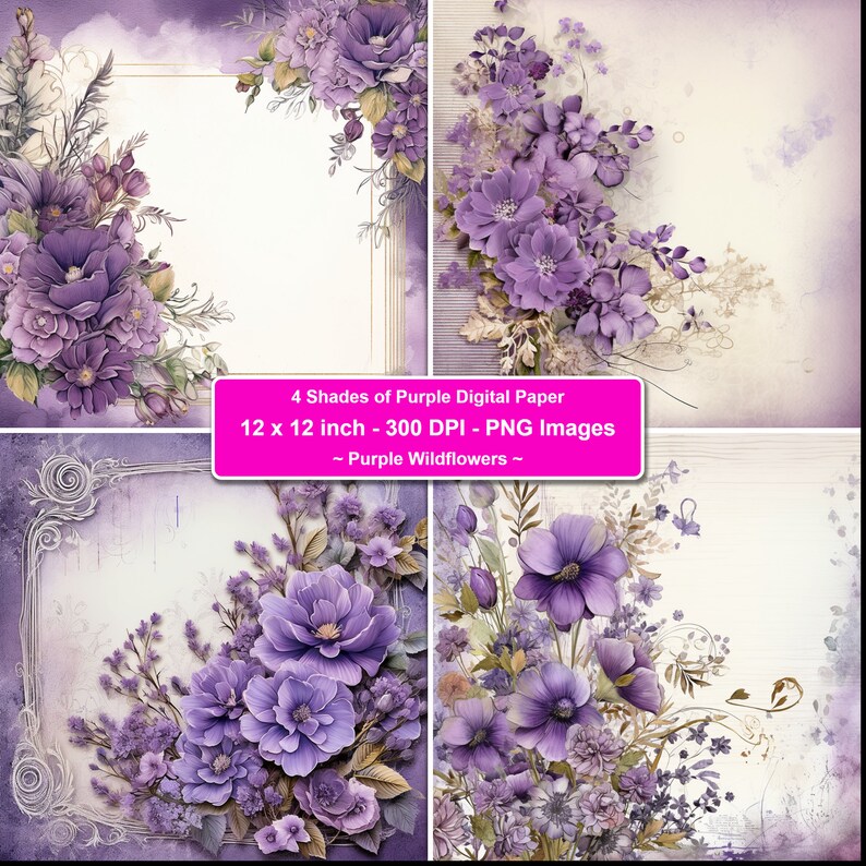 Elegant Purple Floral Digital Paper Vintage Wild Flowers Design ...