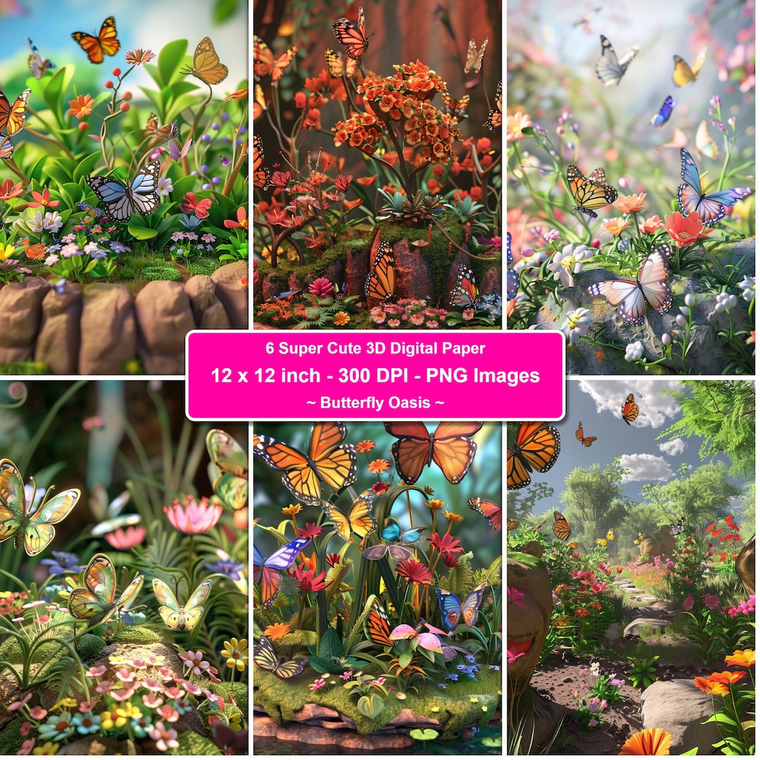 Printable Digital Paper, Charming 3D Butterfly Garden Design Vibrant ...