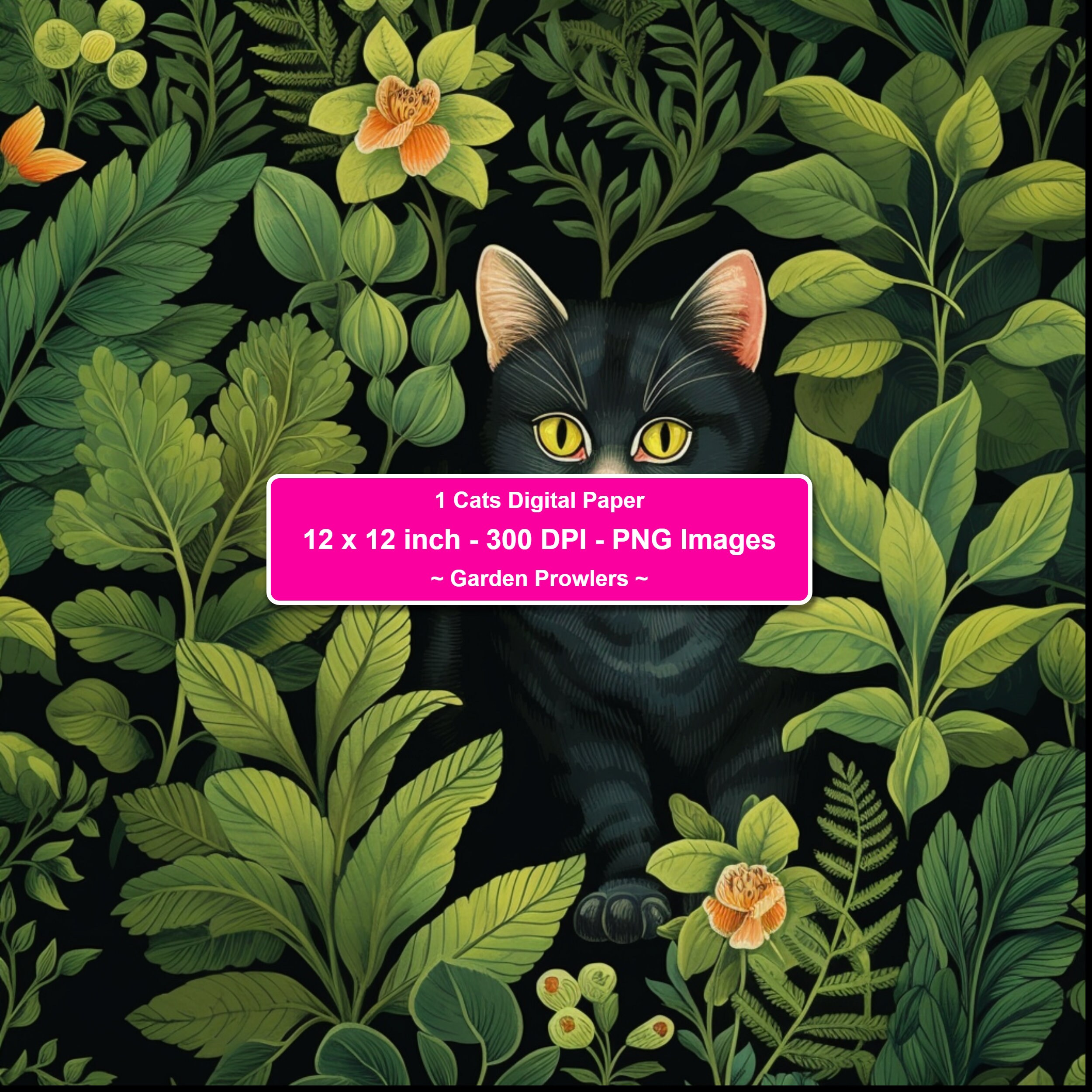 Cat Digital Paper Enchanted Garden Prowlers Paper Cat Art for Crafting ...