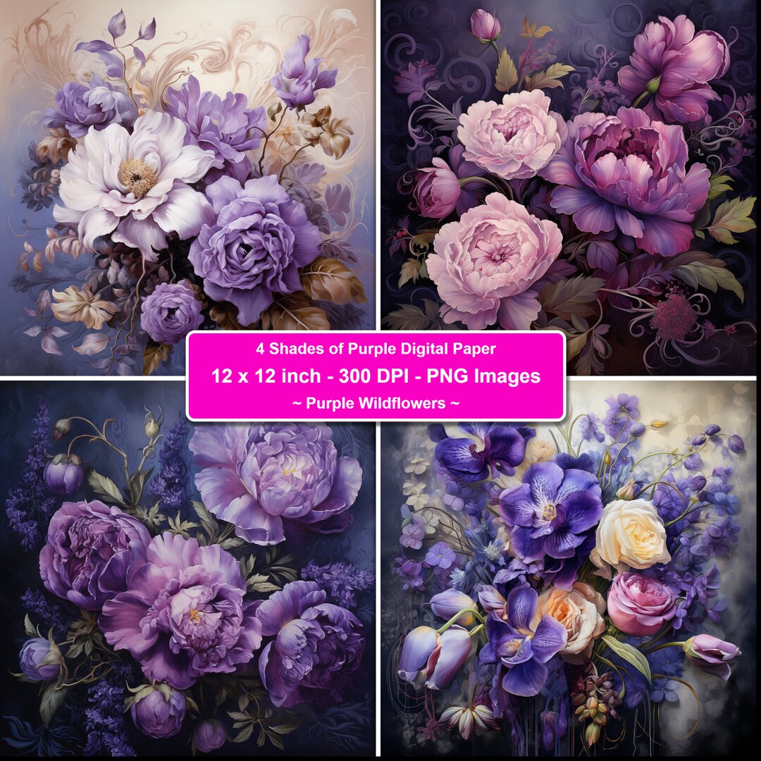 Artistic Purple Floral Digital Paper for Creative Projects Digital Art ...