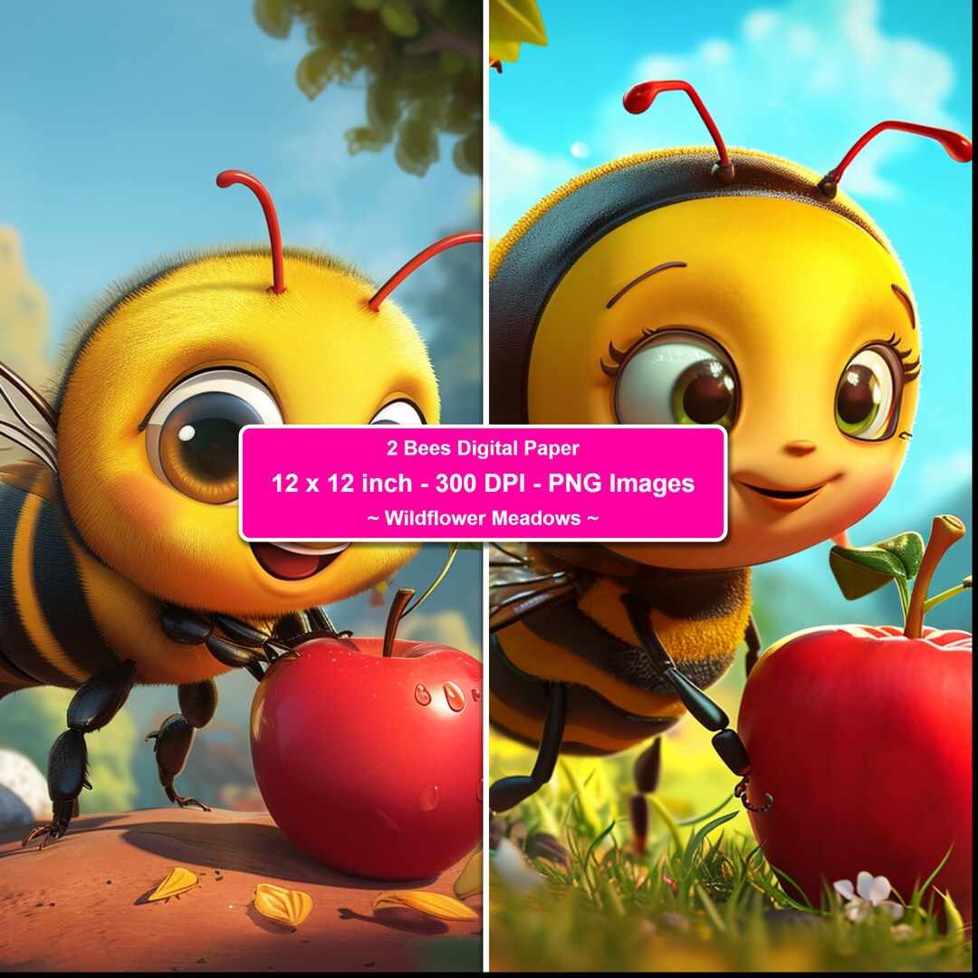 Super Cute Digital Paper Bee With Red Apple Charming Bee Theme Perfect ...