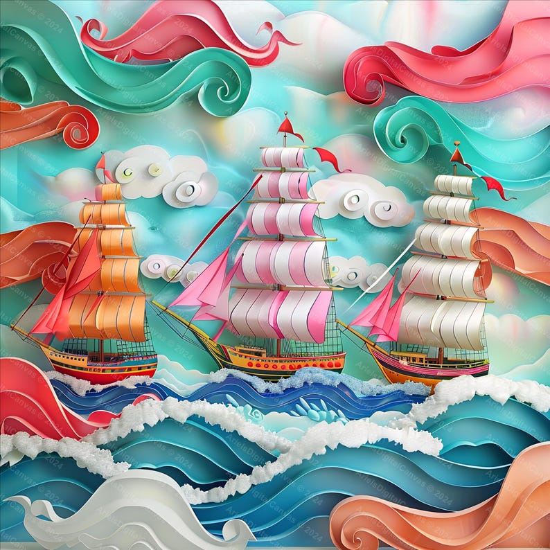 Printable Digital Paper Kids Room Decor Charming Clipper Ship Digital ...