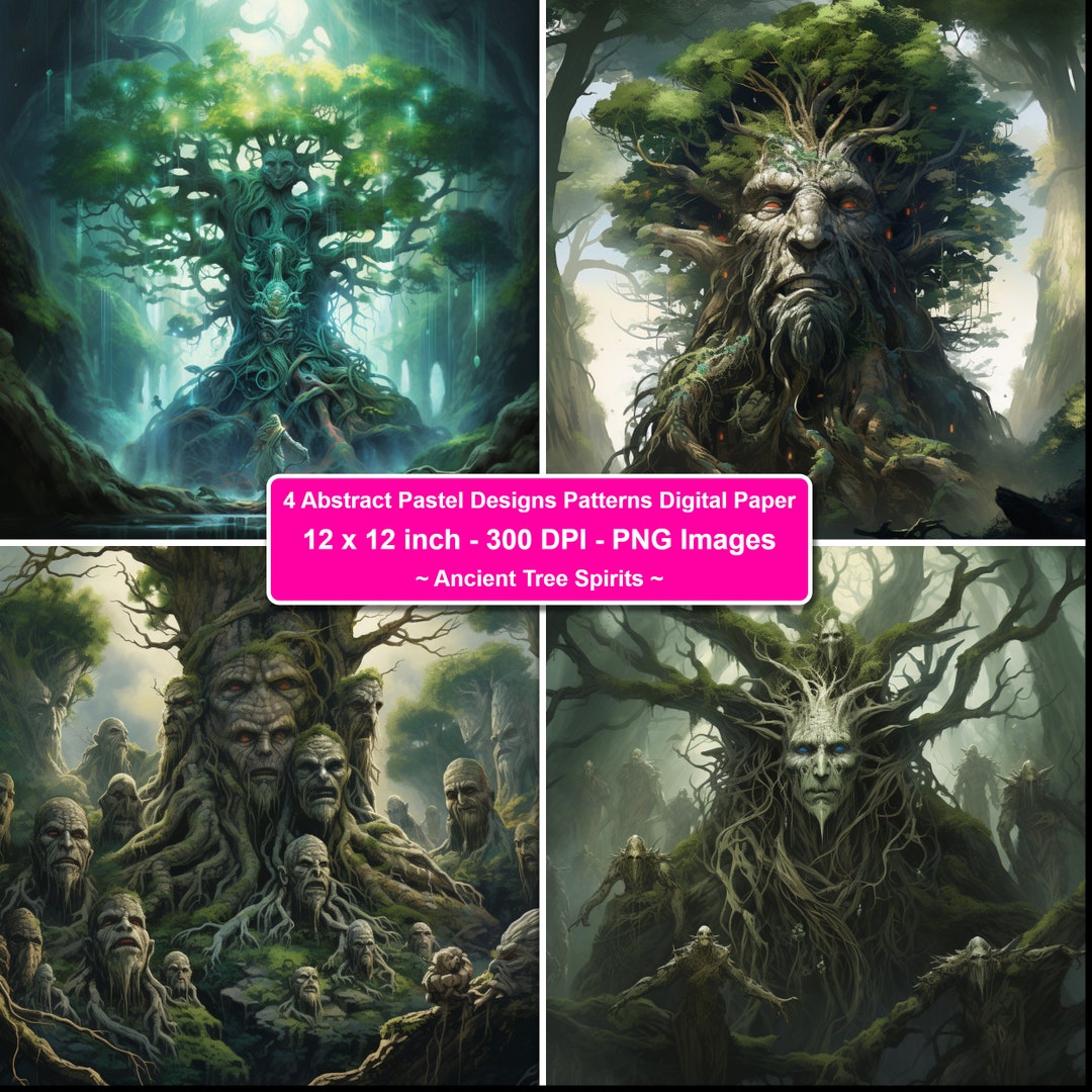 Enchanting Ancient Tree Spirits Digital Paper Unique Artistic Design ...