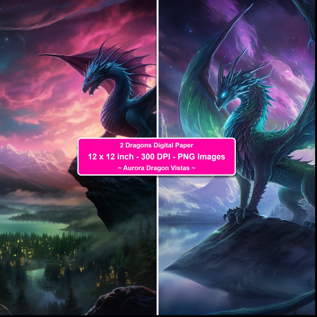 Aurora Dragon Vistas Design Digital Paper Mythical Creature Scenery ...