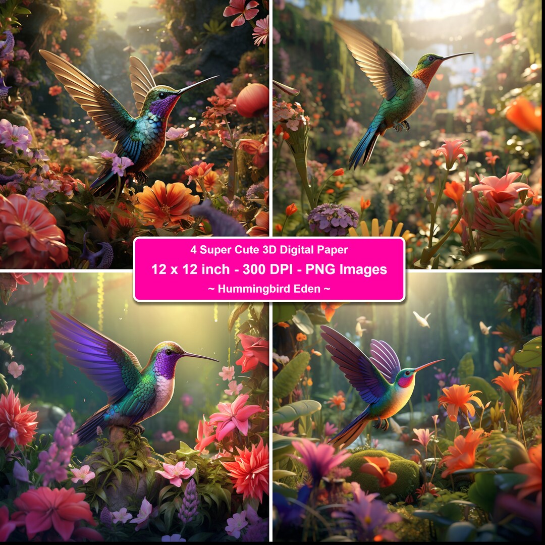 Charming Hummingbird Eden Digital Paper Whimsical Bird Paradise Garden ...