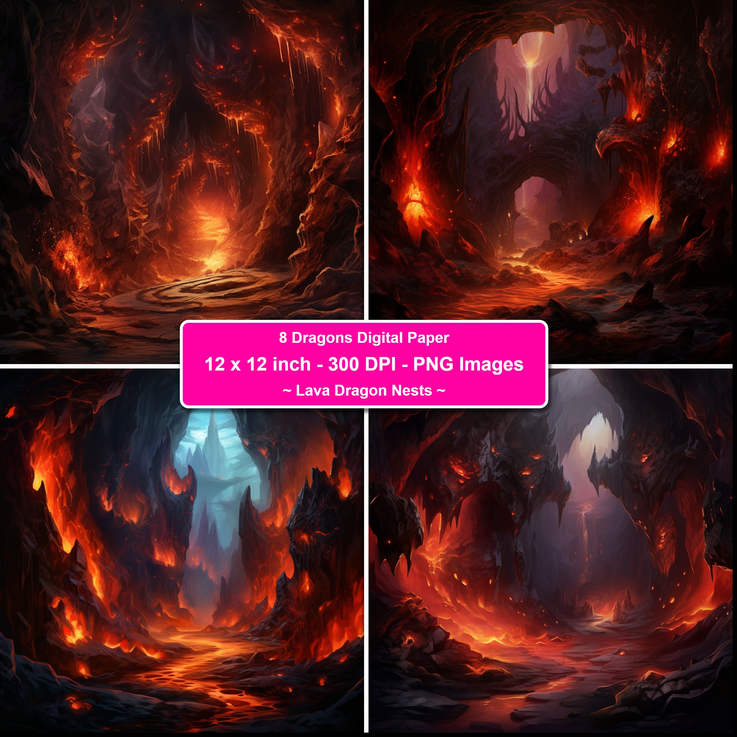 Lava Dragon Nest Fantasy Digital Paper Vibrant and Fiery Exclusive ...
