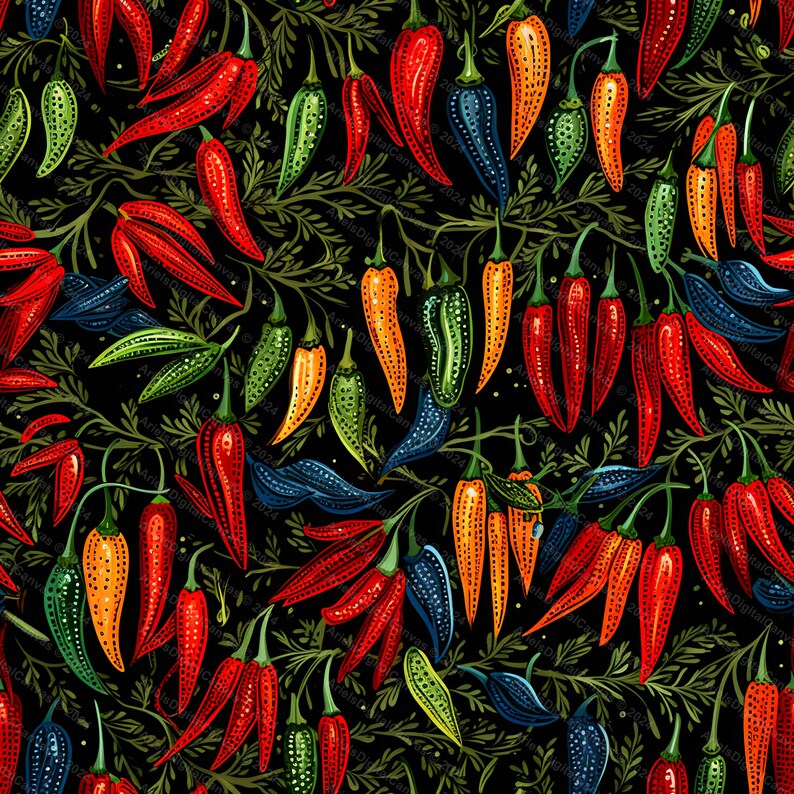 Chili Pepper Drying Pattern Seamless Textile Design Vibrant Kitchen Decor Instant Download for ...