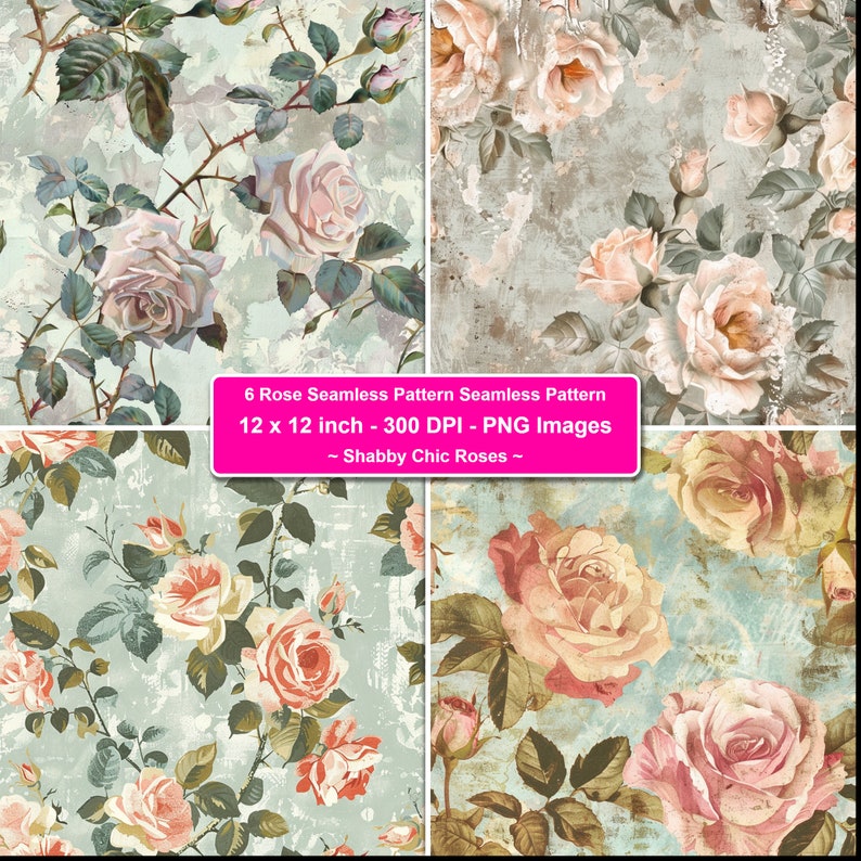 Shabby Chic Rose Pattern Seamless Design Elegant Floral Digital Art ...