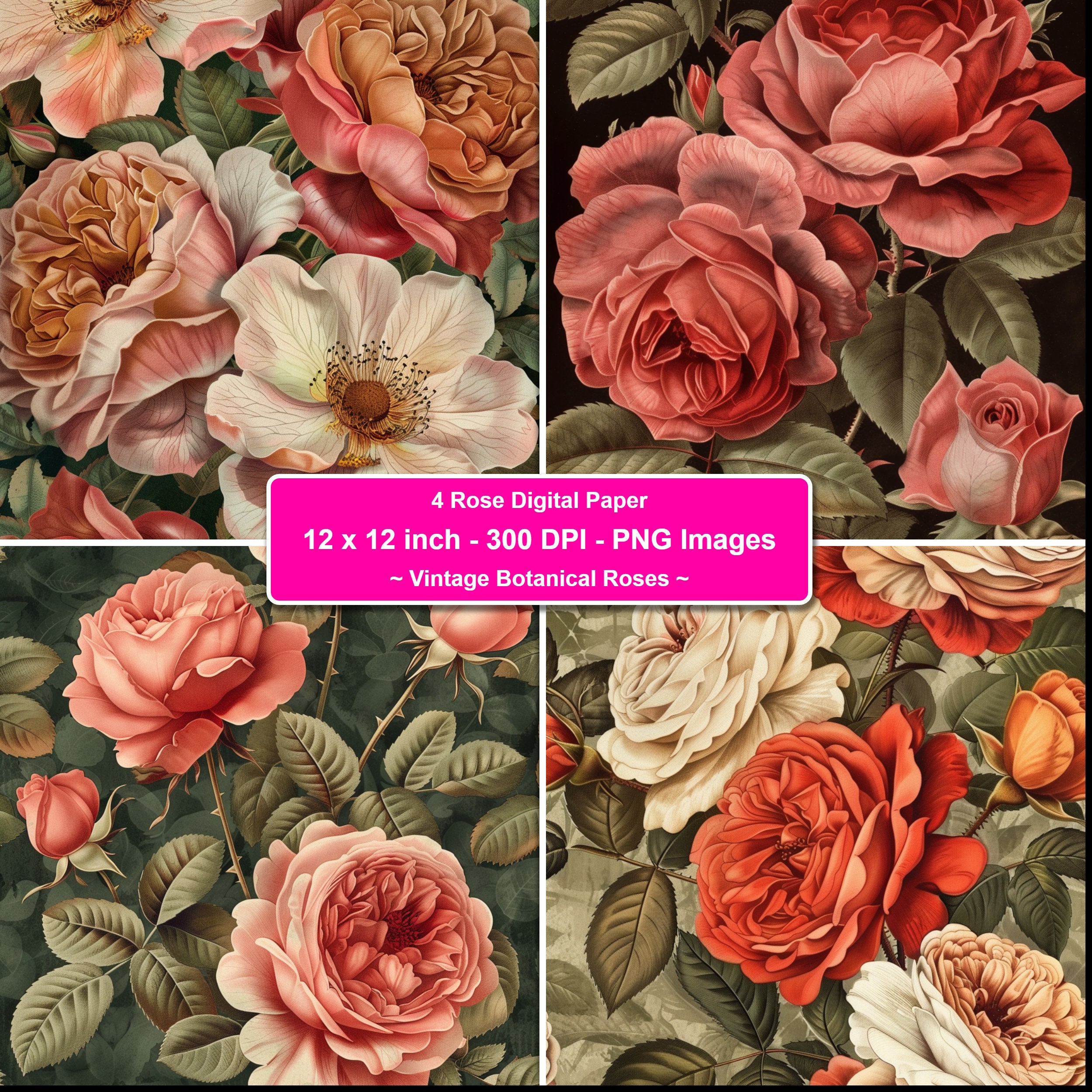 Elegant Vintage Rose Digital Paper Perfect for Crafts and Scrapbooking ...