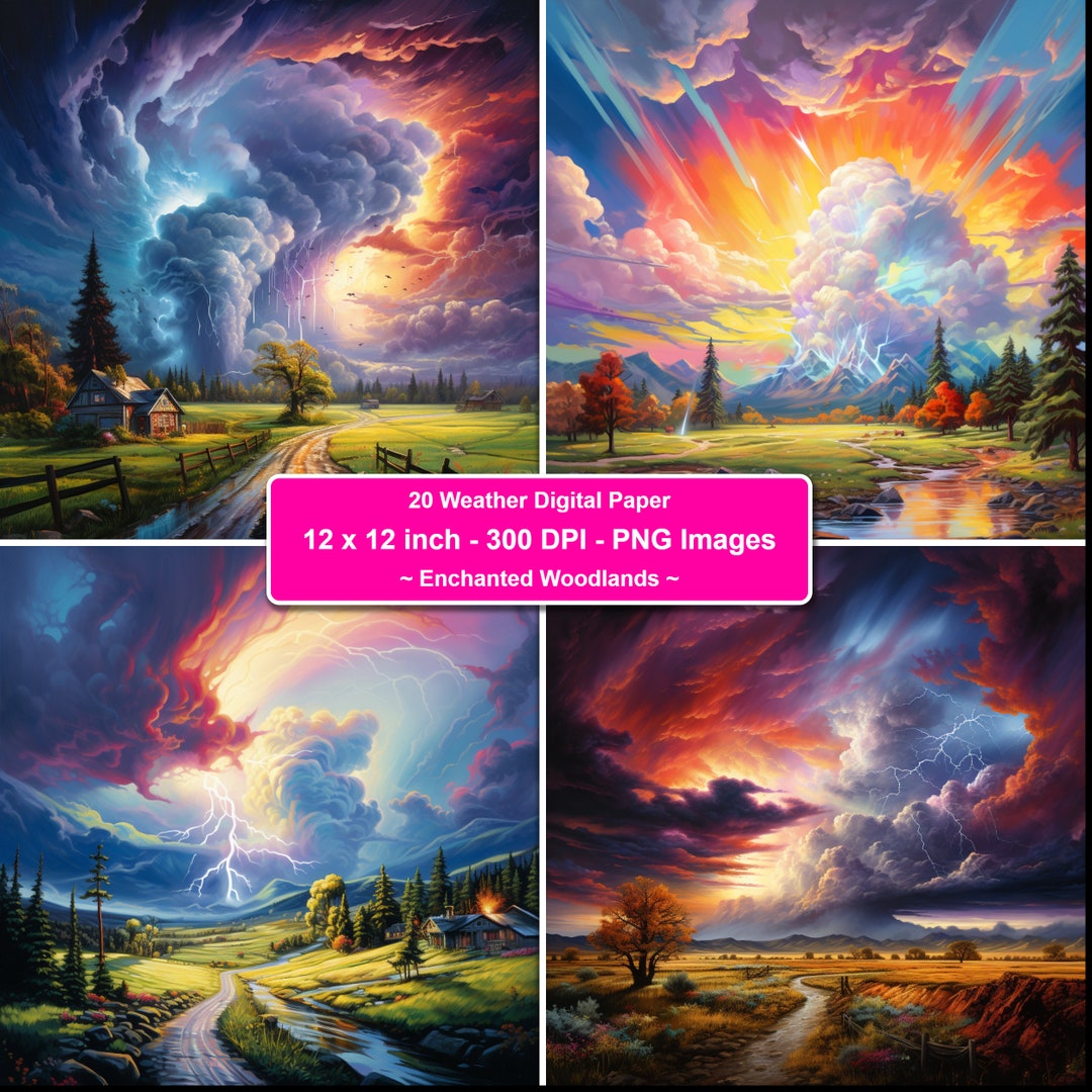 20 Enchanting Weather Digital Paper Vibrant Thunderstorm and Rainbow ...