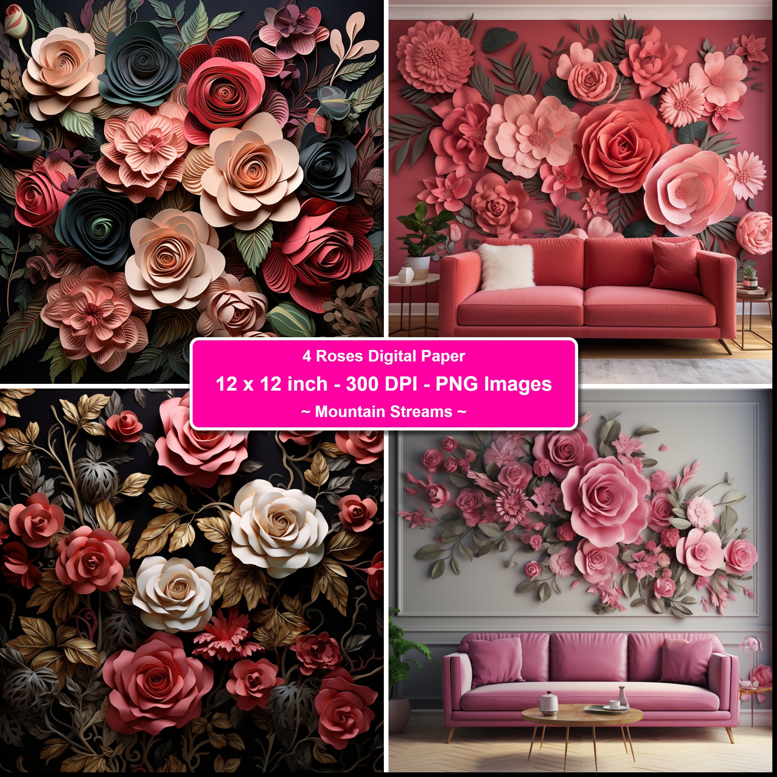 Digital Sale Elegant Digital Rose Design Paper Enchanting Floral ...
