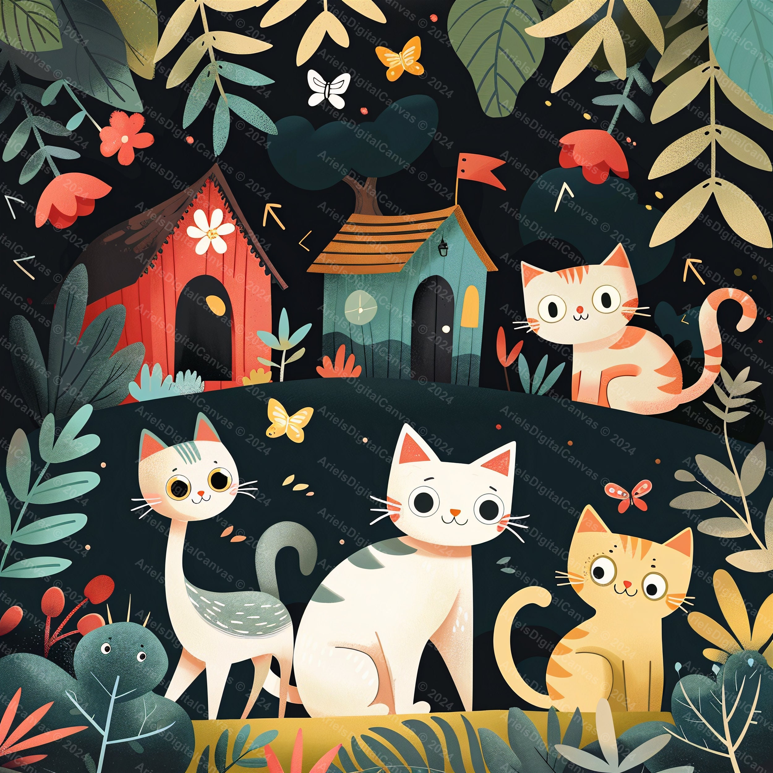 Charming Cat Digital Paper Whimsical Feline Illustration Unique Pet ...