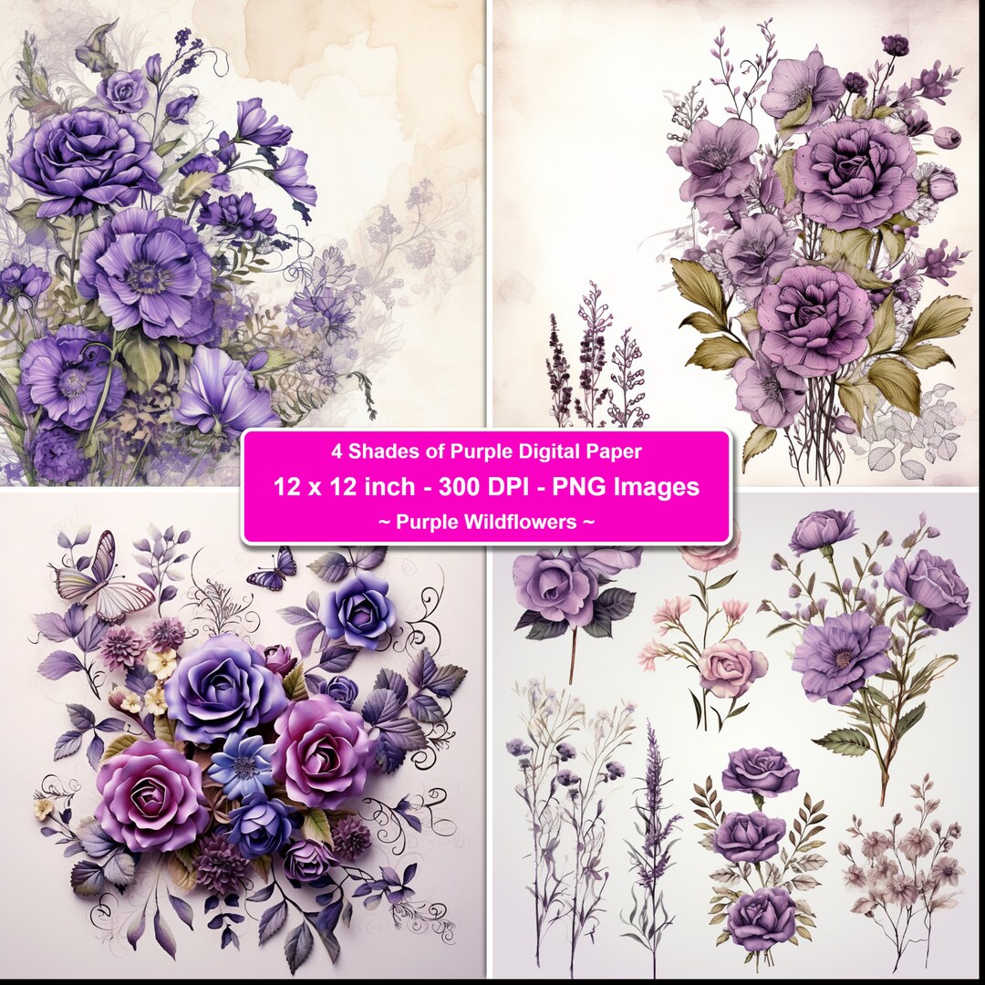 Elegant Purple Floral Digital Paper Artistic Vintage Wildflowers Design ...