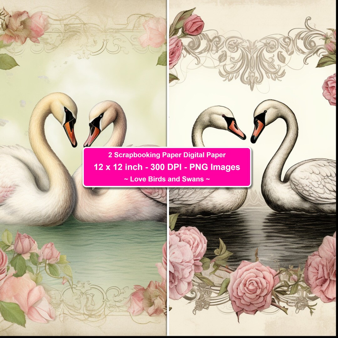 Victorian Style Love Birds Swan Digital Paper Cute Scrapbooking Design ...