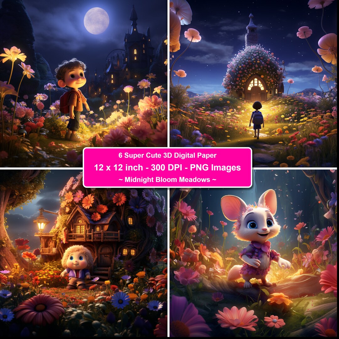 Charming 3D Cute Character Digital Paper Design Vibrant Midnight Bloom ...