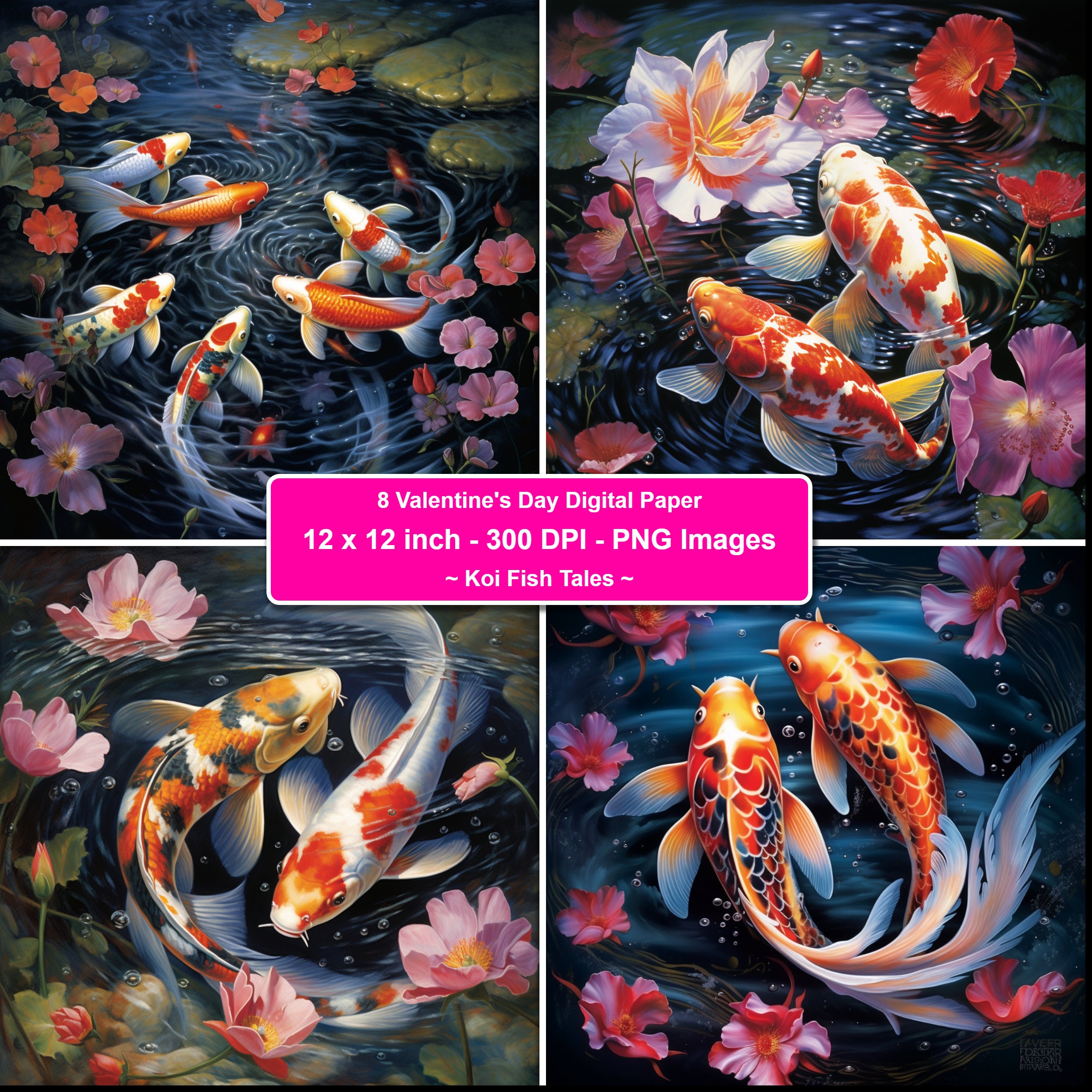 Koi Fish Tales Digital Paper Romantic Valentine's Day Love Inspired ...