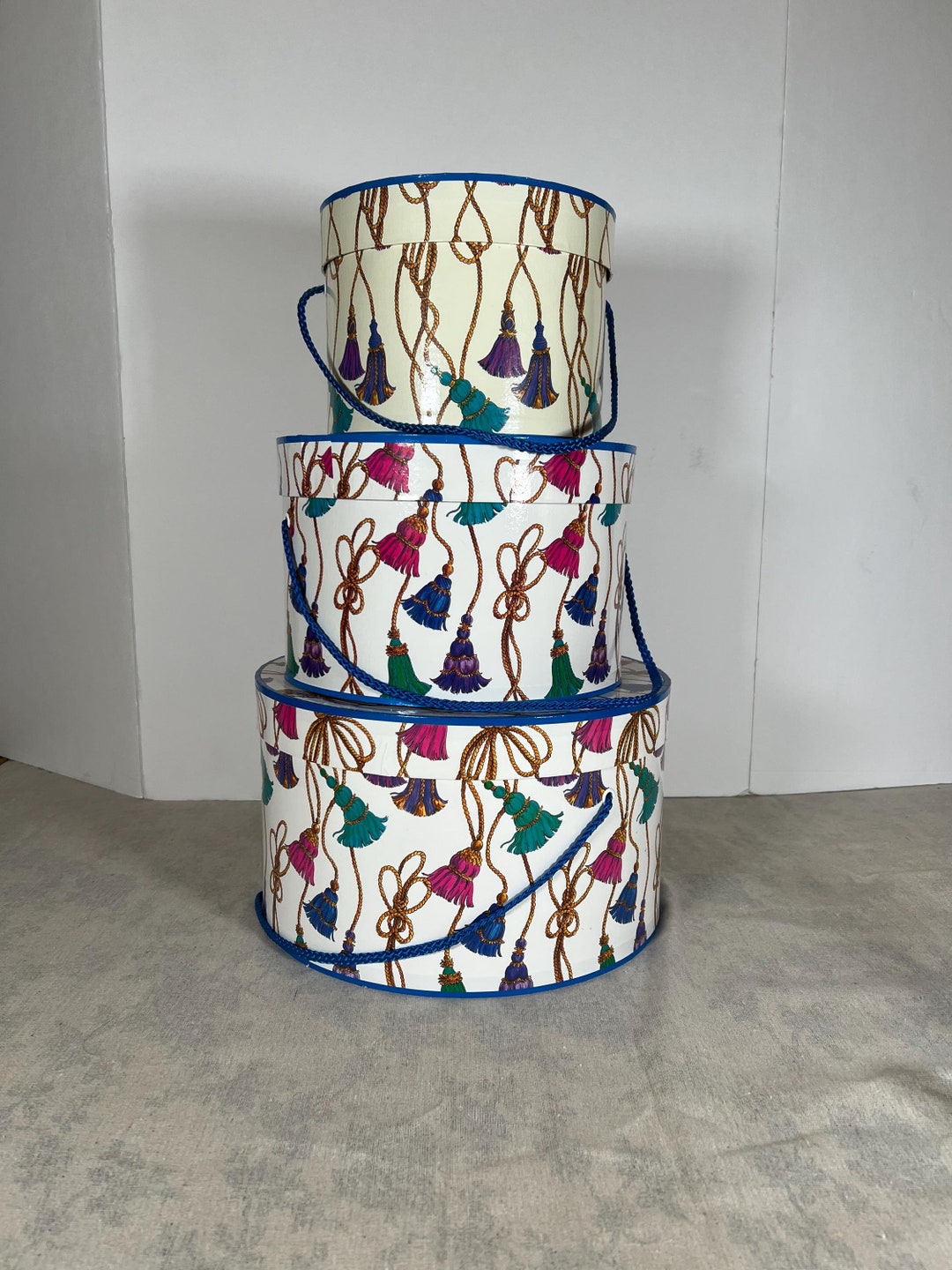 Vintage Paper Nesting Hat Box Set of 3 Multicolor Rope, Tapestry ...