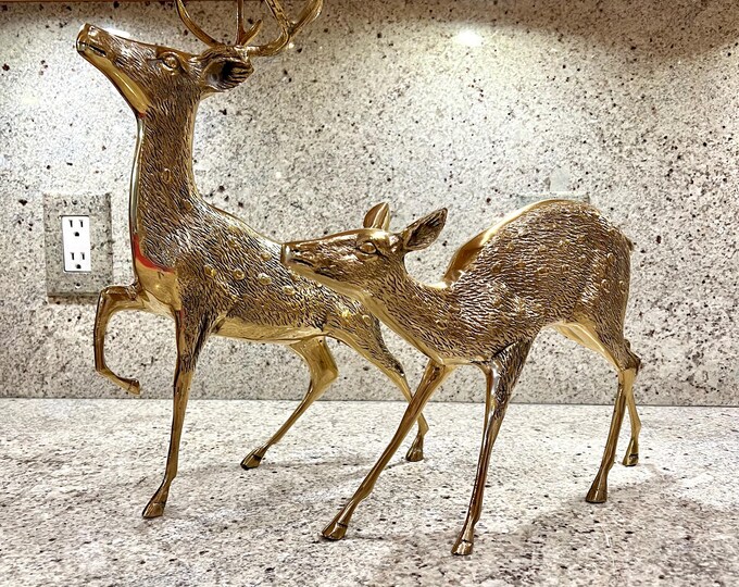 Vintage MCM Oversized Pair of Brass Deer Statues - Large Buck and Doe ...
