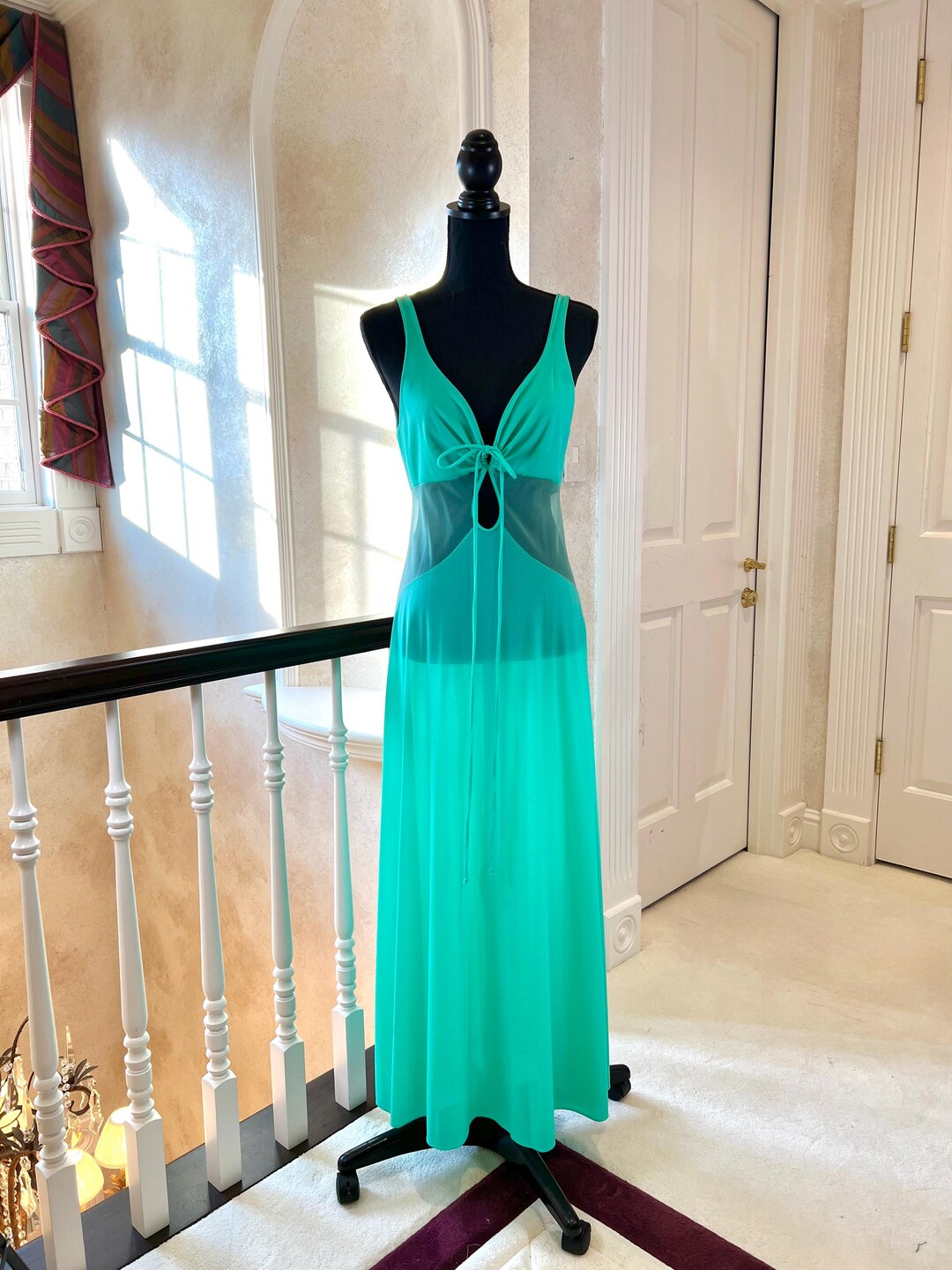 Vintage Blue Seafoam Green 1970s Maxi Length Women's Negligee With Mesh ...