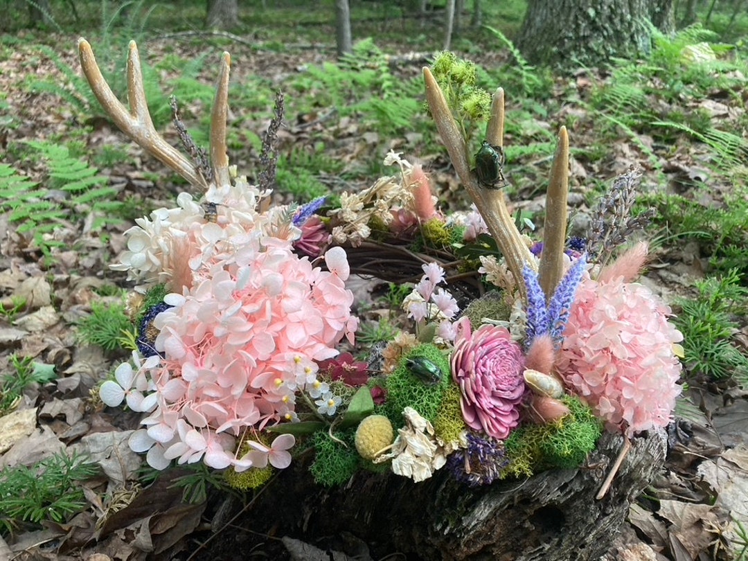Fae Woodland Crown: Floral Antler Headpiece With Preserved Flowers - Etsy