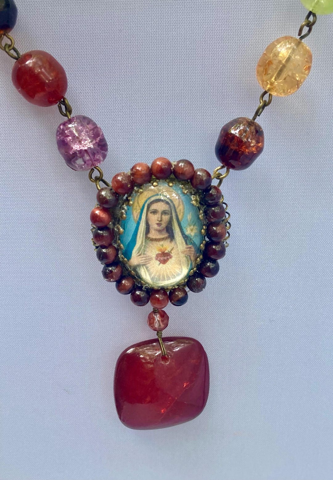 Beaded Madonna Sacred Heart Virgin Mary Necklace Art Image Catholica ...