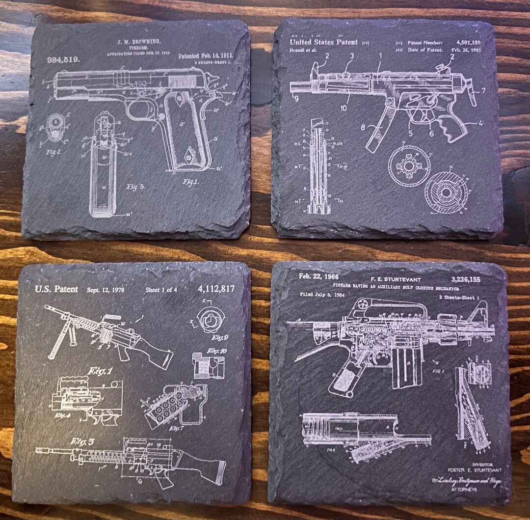 4 PACK Laser Engraved Slate Stone Coasters With Gun Patent Artwork (gun ...