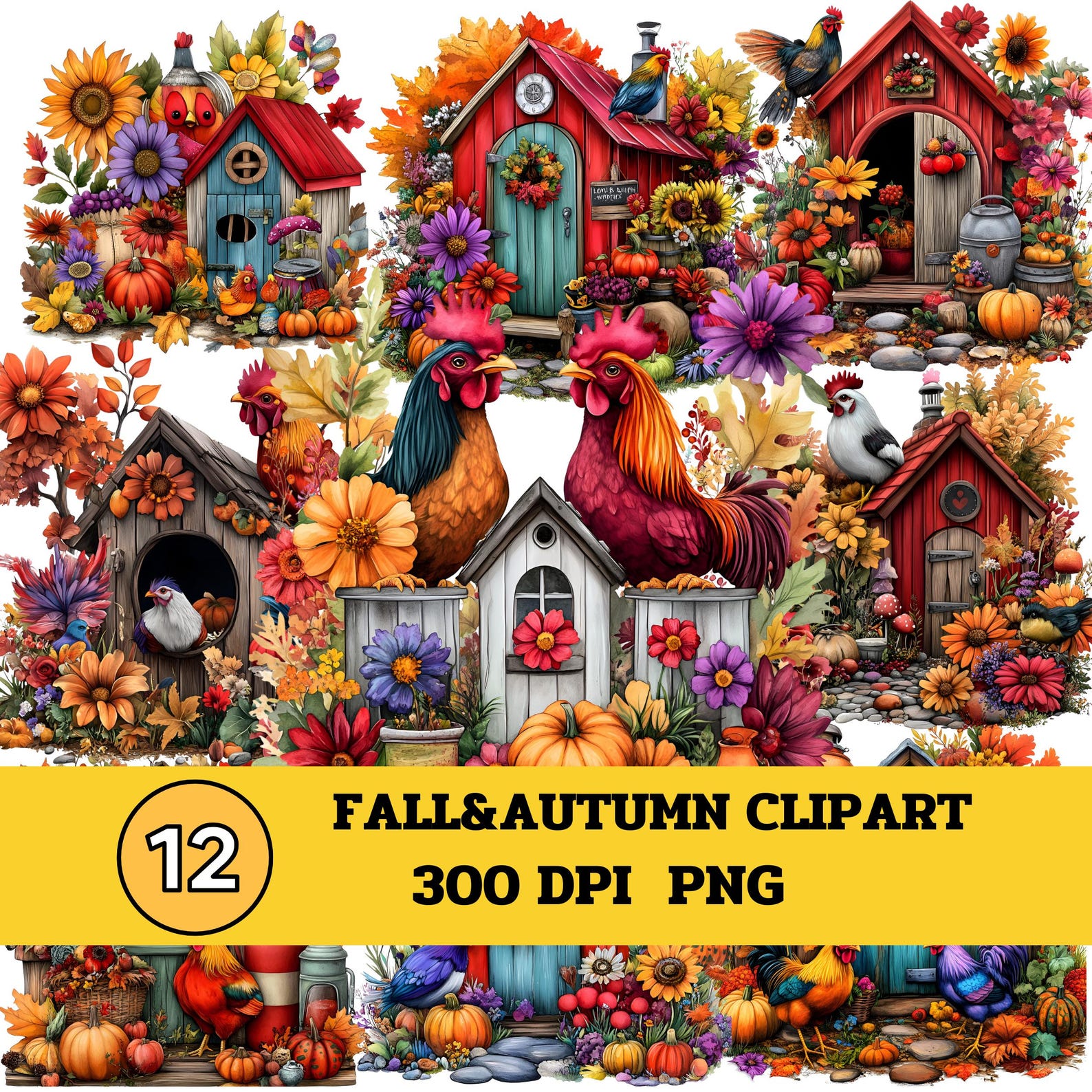 Chicken Coop With Cozy Fall, 12 PNG Fall&autumn Clipart,watercolor Fall ...