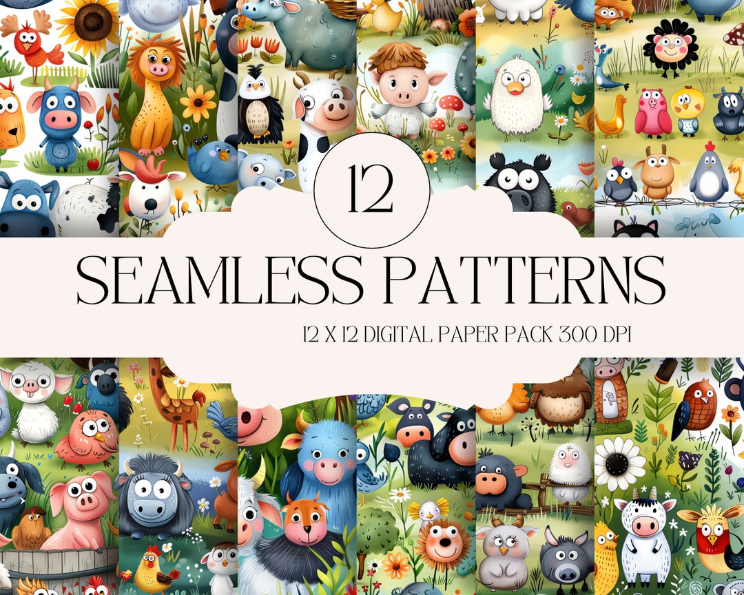 Farm Animals, 12 Seamless Pattern Digital Seamless Pattern Files ...