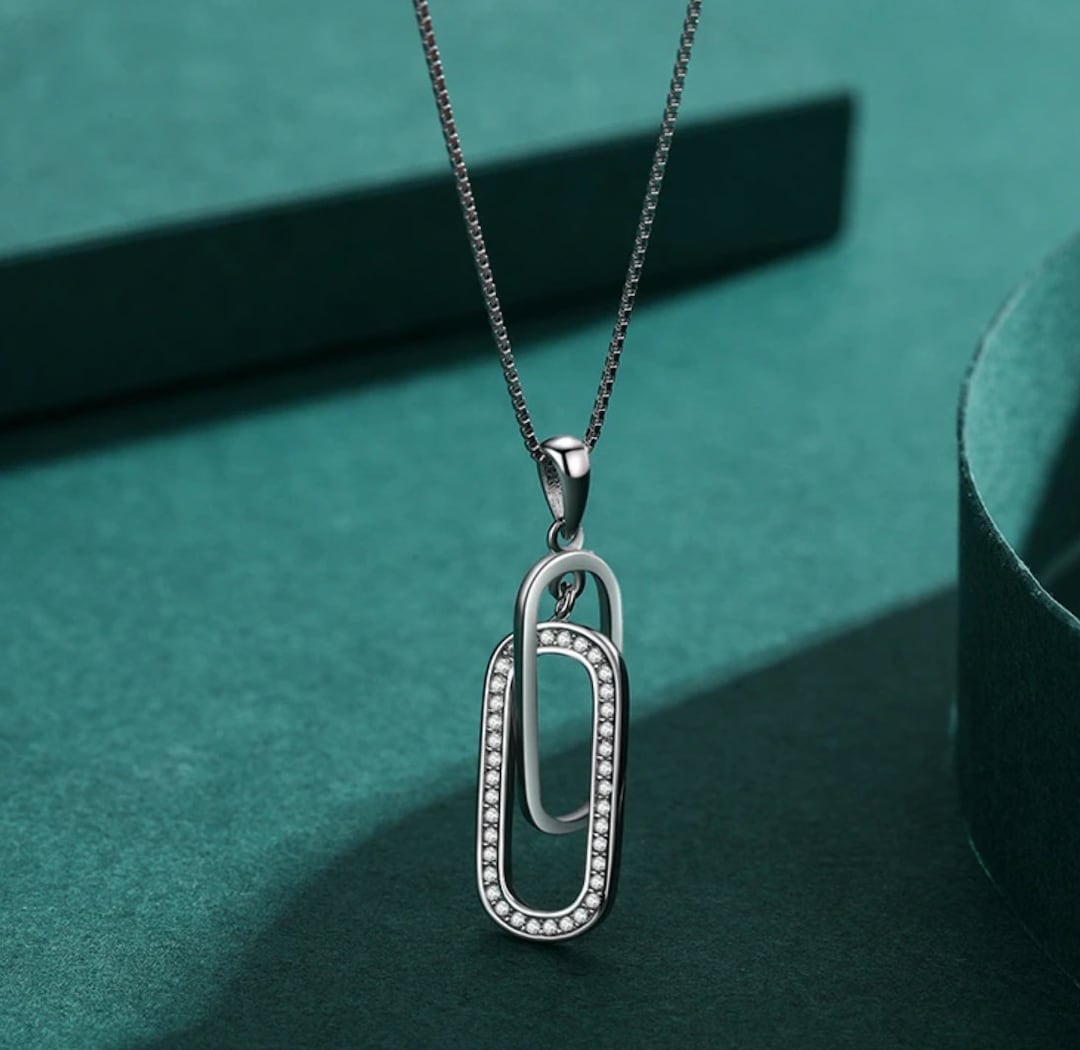 Silver Paper Clip Link Pendant Necklace, 925 Sterling Silver Necklace ...