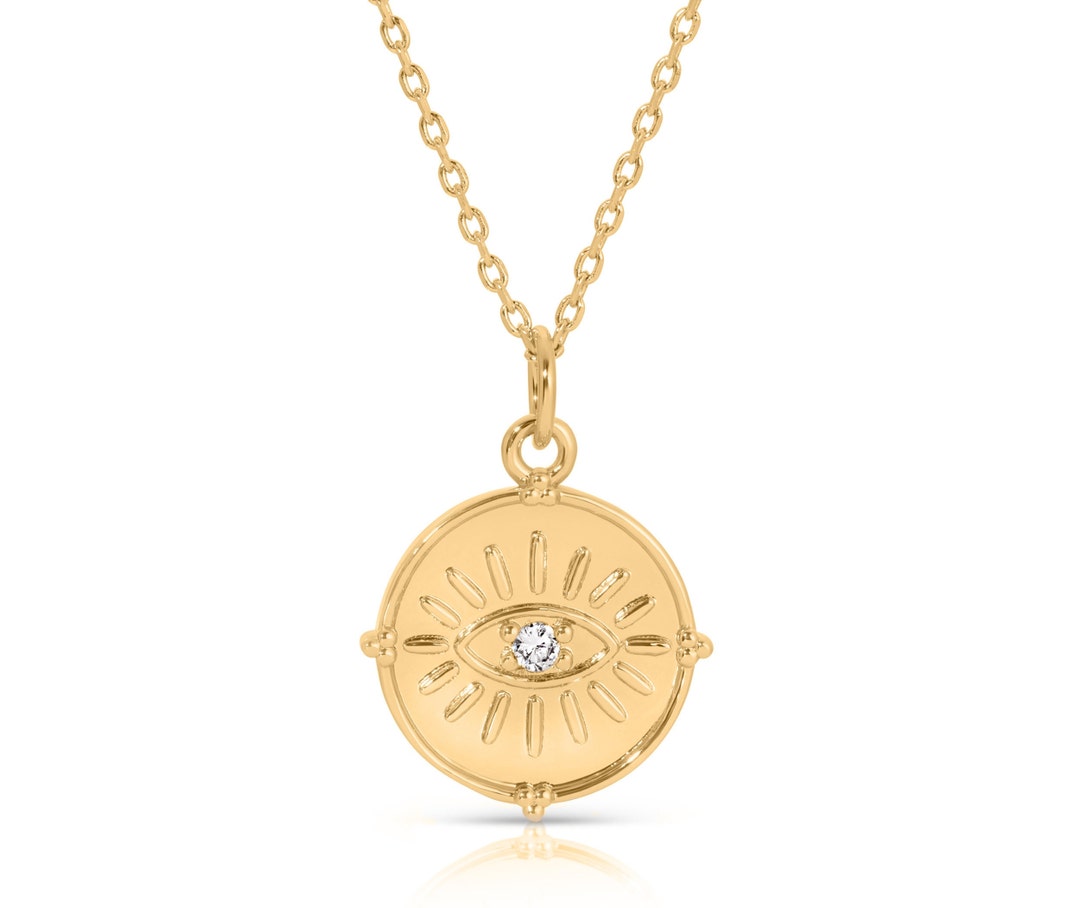 Evil Eye Round Necklace - 14K Solid Gold Necklace - Protection Necklace ...