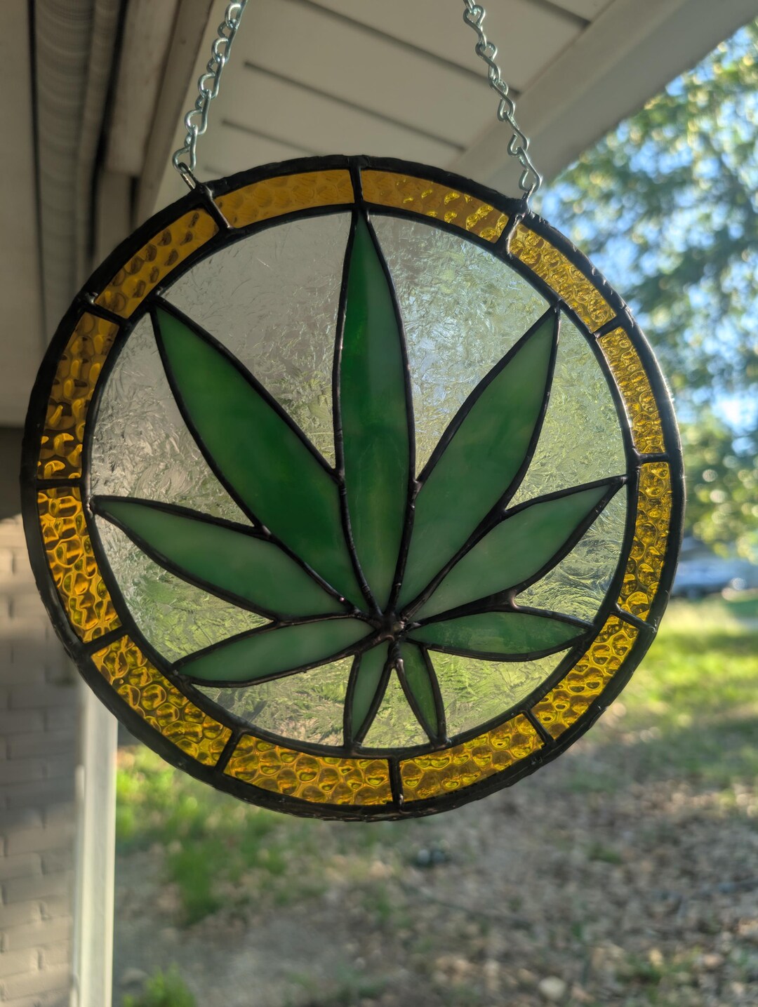 Stained Glass Cannabis Leaf Suncatcher – Green Weed Leaf With Amber ...