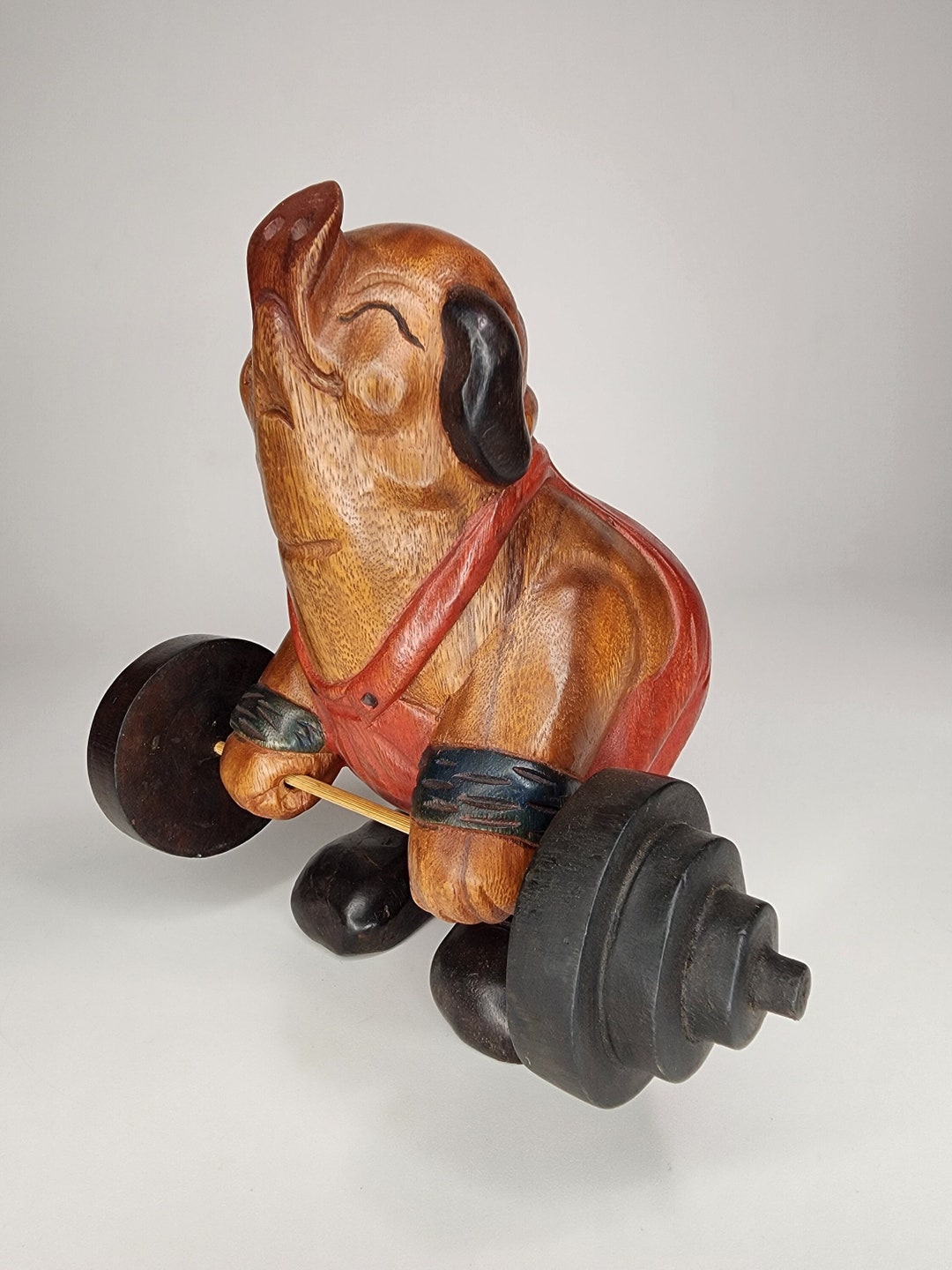 Strength of Swine - Hand-carved Wooden Sculpture of Pig Lifting Weights ...