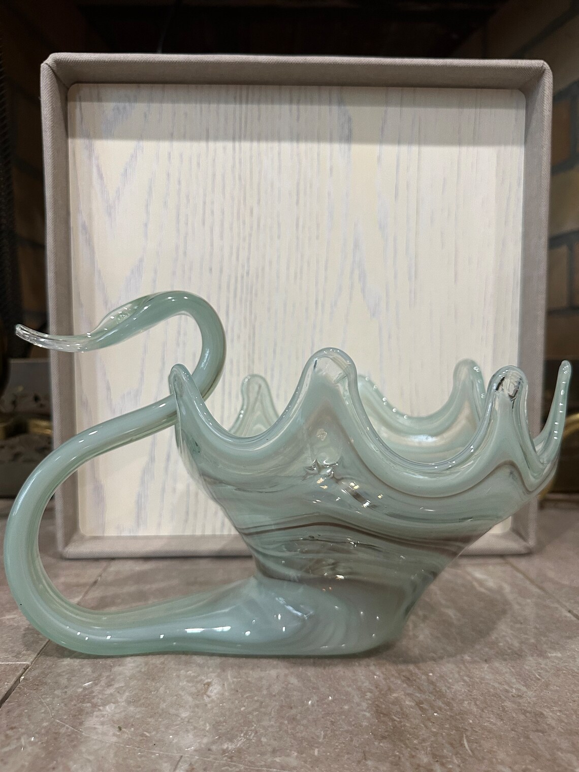 Vtg Hand Blown Sooner Style Art Glass Swan Bowl, Pastel Jade, White and ...