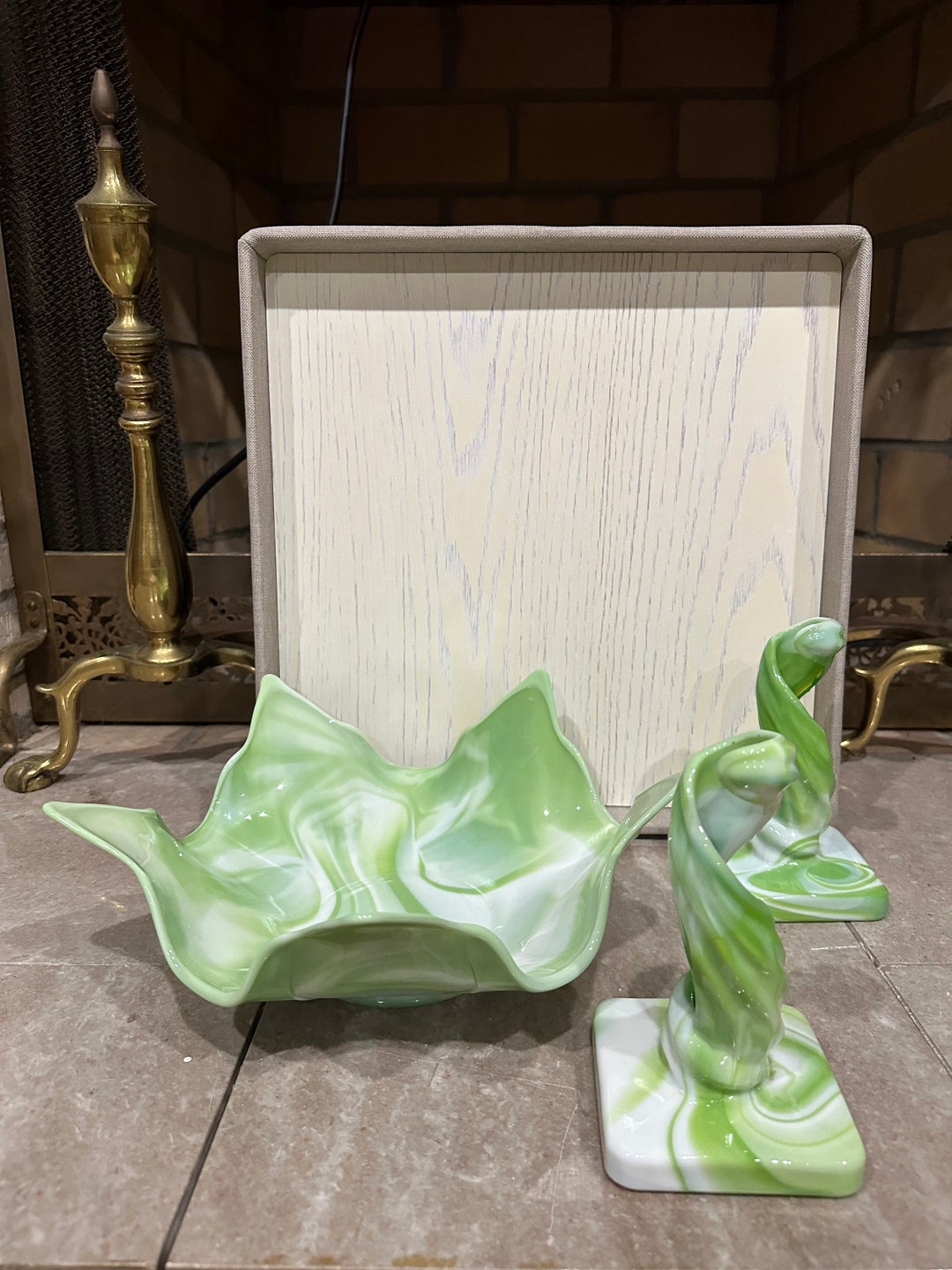 Rare MCM Vintage Westmoreland Green and Milkglass Swirl Slag Swung Dish ...