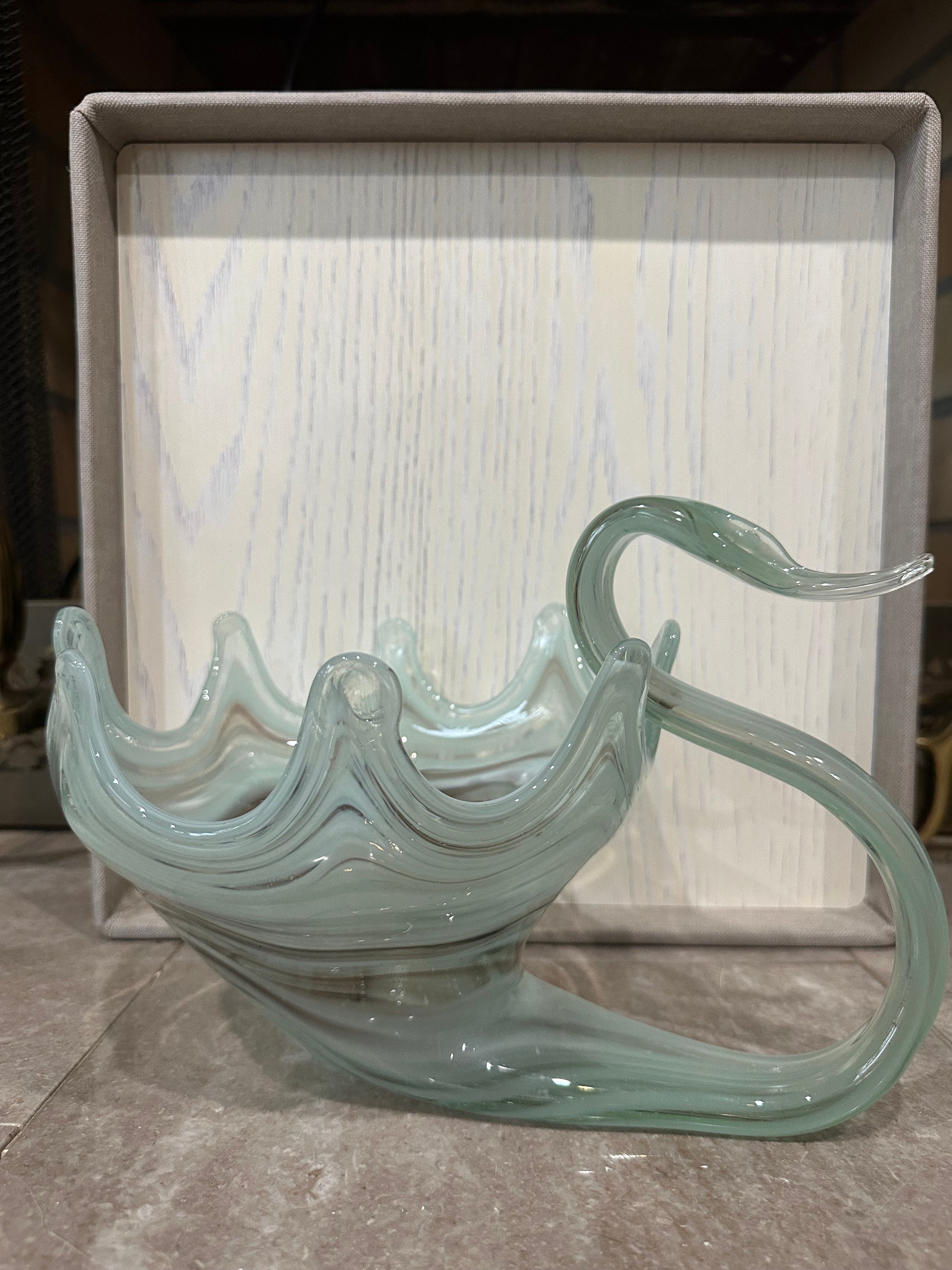 Vtg Hand Blown Sooner Style Art Glass Swan Bowl, Pastel Jade, White and ...