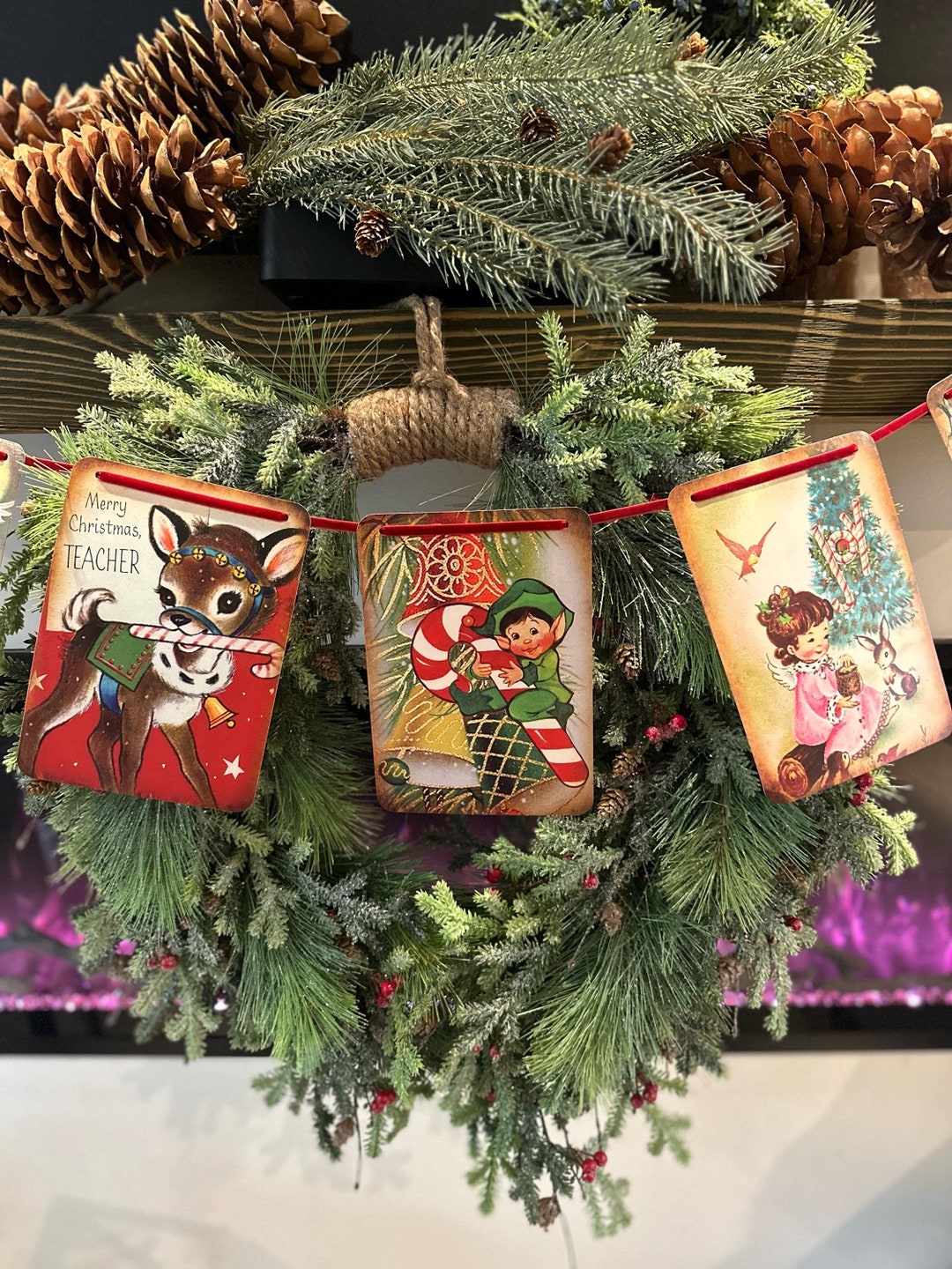 Vintage Christmas Paper Garland for Mantle Retro Santa Holiday Decor ...