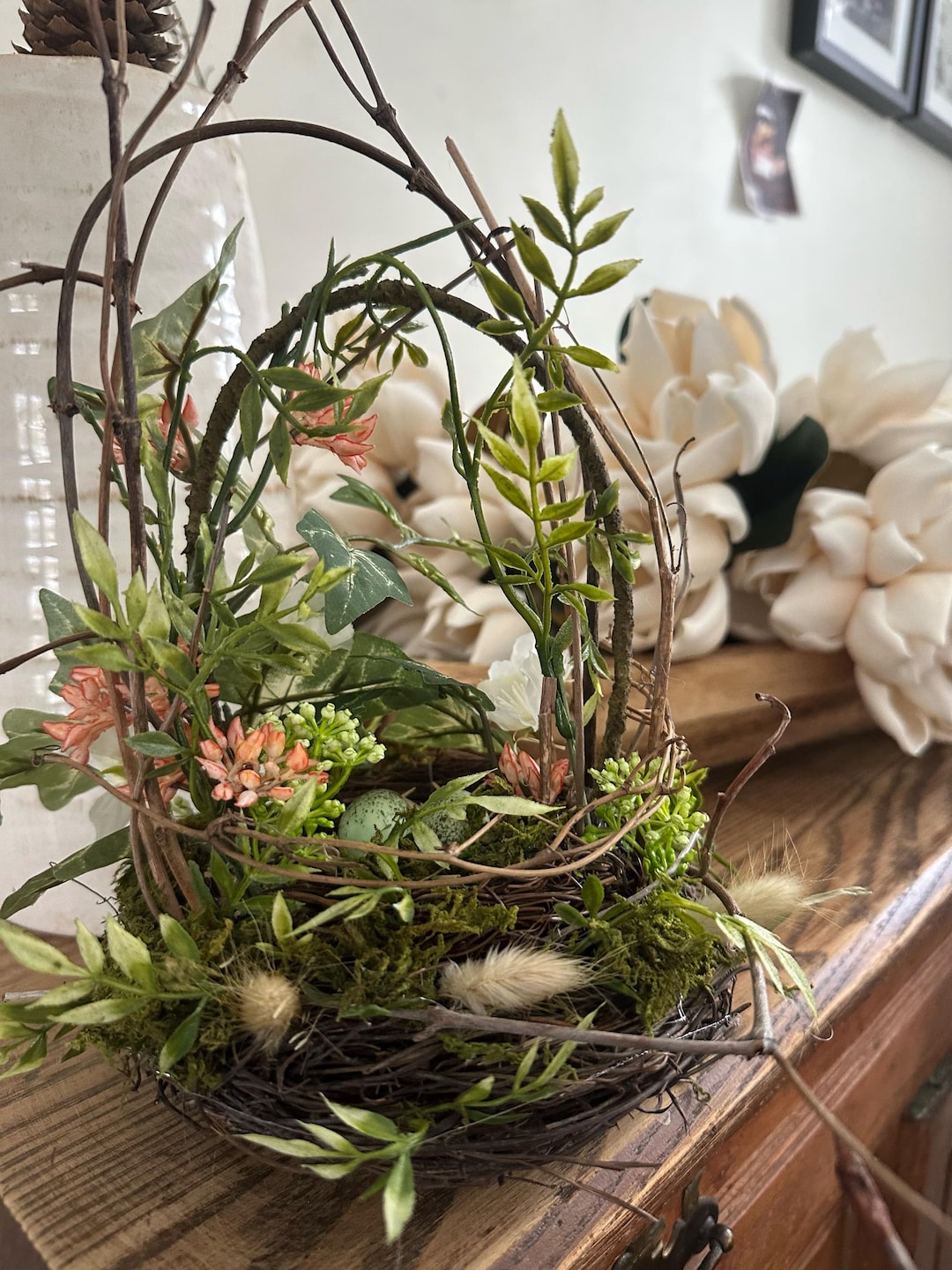 Faux Floral Arrangement Farmhouse Table Bird Nest Centerpiece With ...