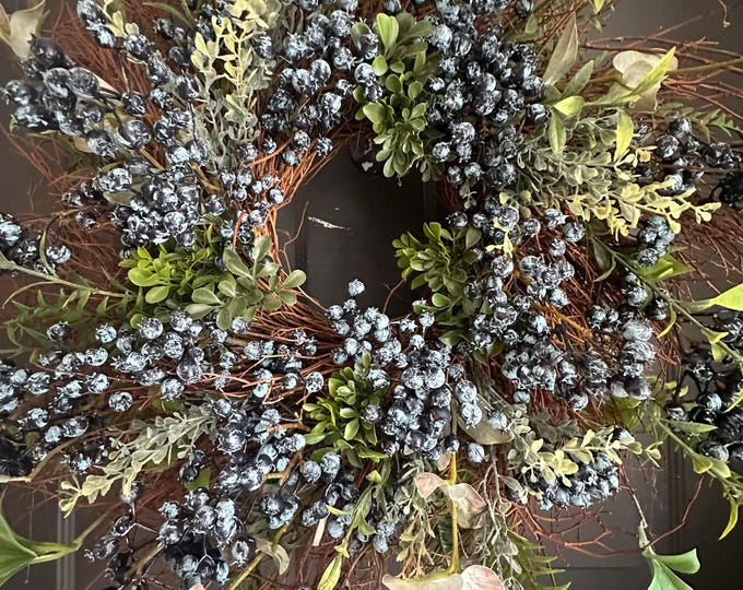 Lemon and Blueberry Wreath for Front Door, Blue and Yellow Summer ...