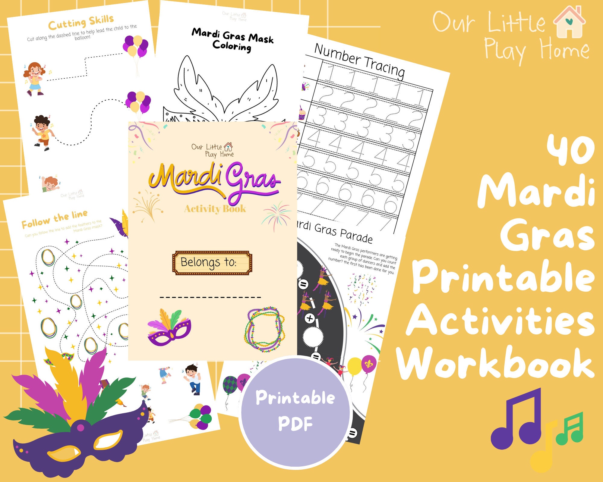 40 Mardi Gras Kids Printable Activities Workbook, EYFS, 0-5 Years, Fine ...