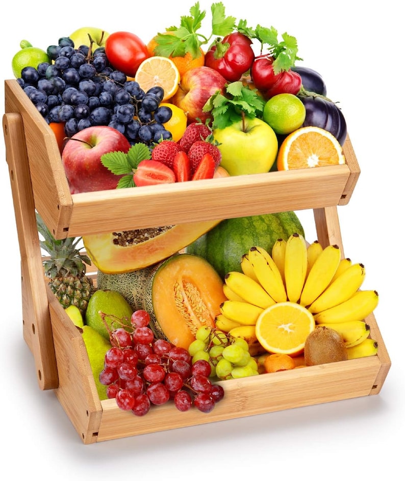 Large Bamboo Fruit Basket, 2-tier Fruit Bowl for Kitchen Counter ...