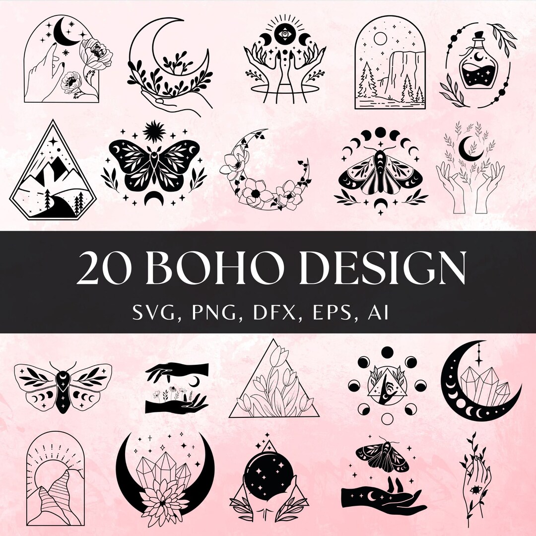 Boho SVG Bundle, 20 Boho Svg Files, Flower Svg, Moon Phases Svg, Floral ...