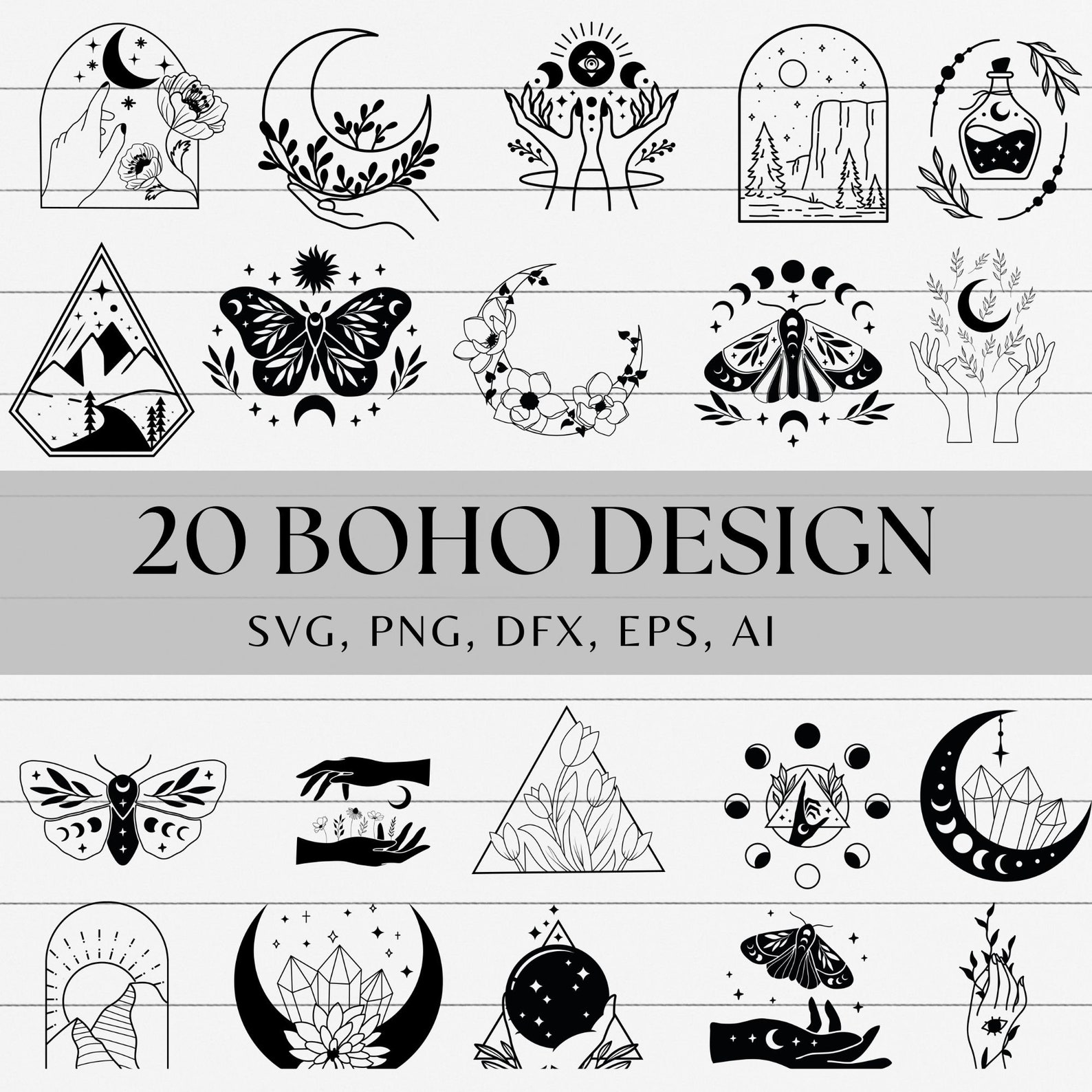 Boho SVG Bundle, 20 Boho Svg Files, Flower Svg, Moon Phases Svg, Floral ...