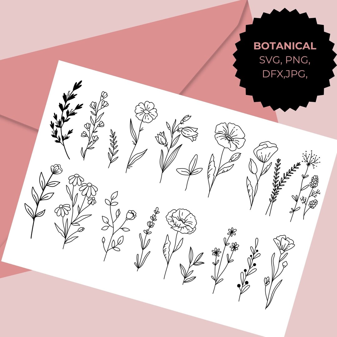 Botanical SVG Bundle, 20 Floral Line Art Svg Cut Files, Hand-drawn ...