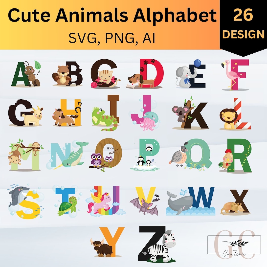 Cute Animal Alphabet, Clipart Bundle Transparent PNG, Animal Alphabet ...
