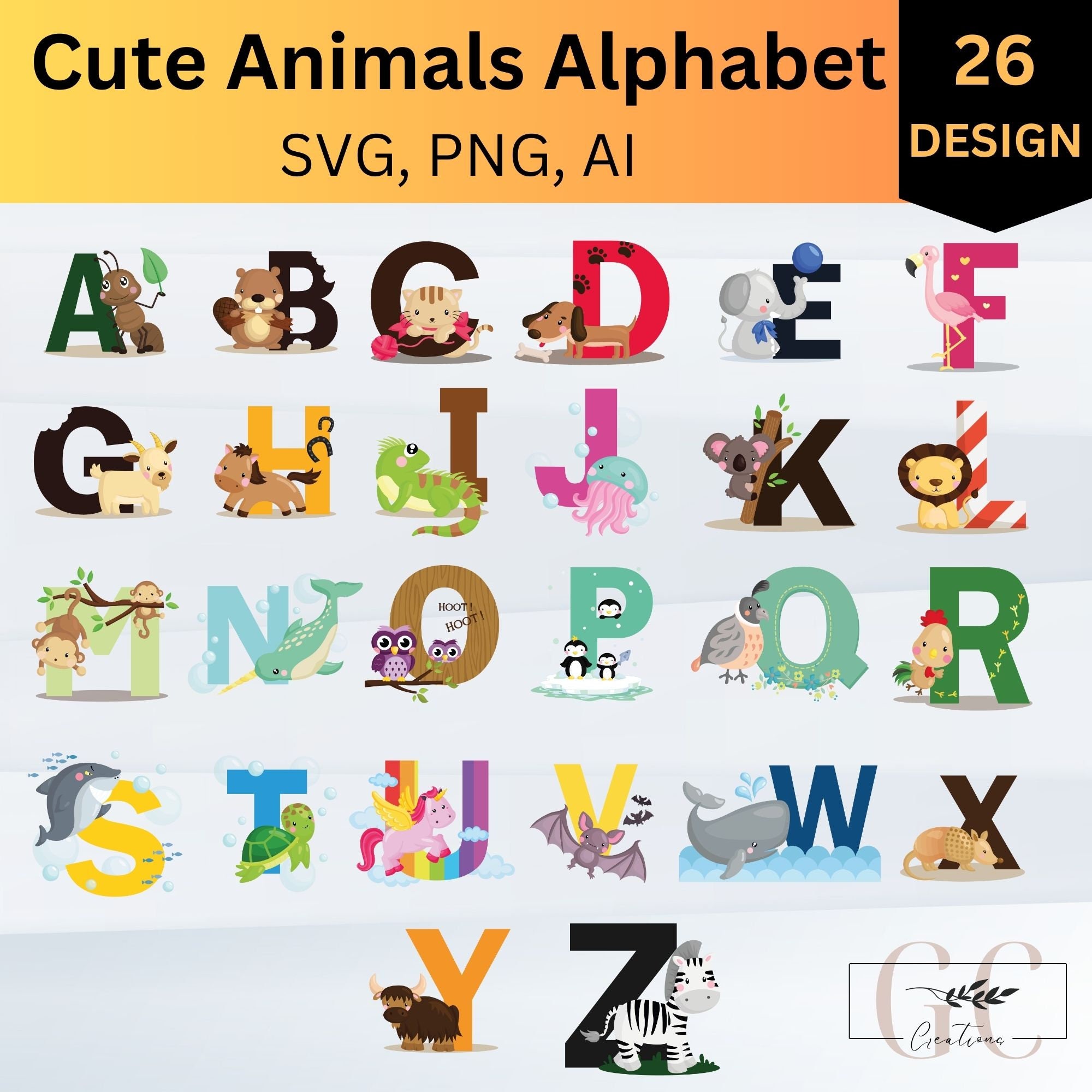 Cute Animal Alphabet, Clipart Bundle Transparent PNG, Animal Alphabet ...