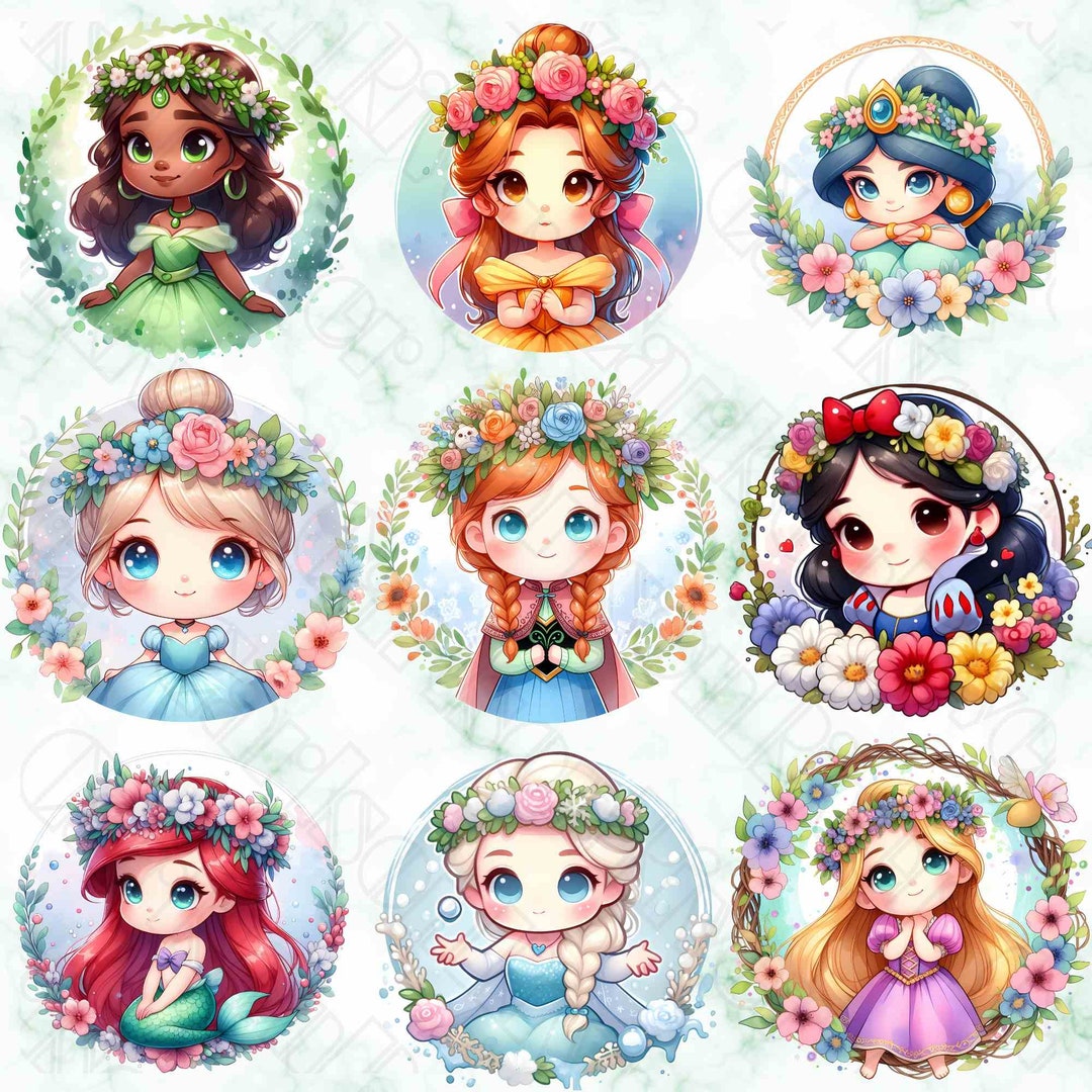 9 PNG Chibi Princesses Clipart Set, Princesses With Flowers, Snow White ...
