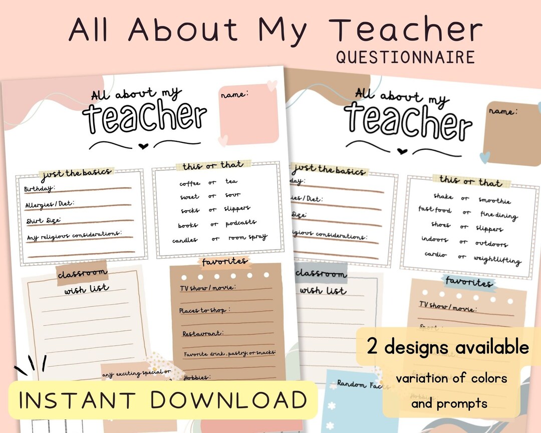 All About My Teacher Instant Download Printable Worksheet Back to ...