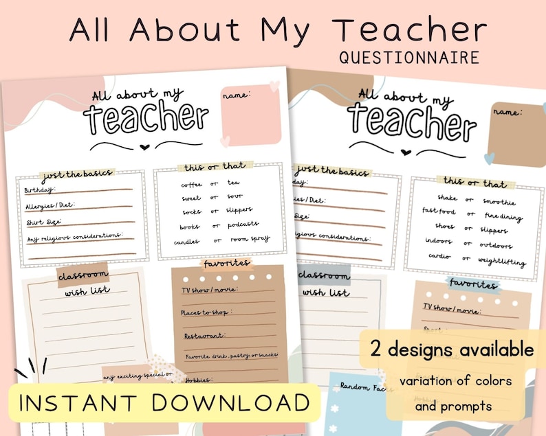 All About My Teacher Instant Download Printable Worksheet - Etsy